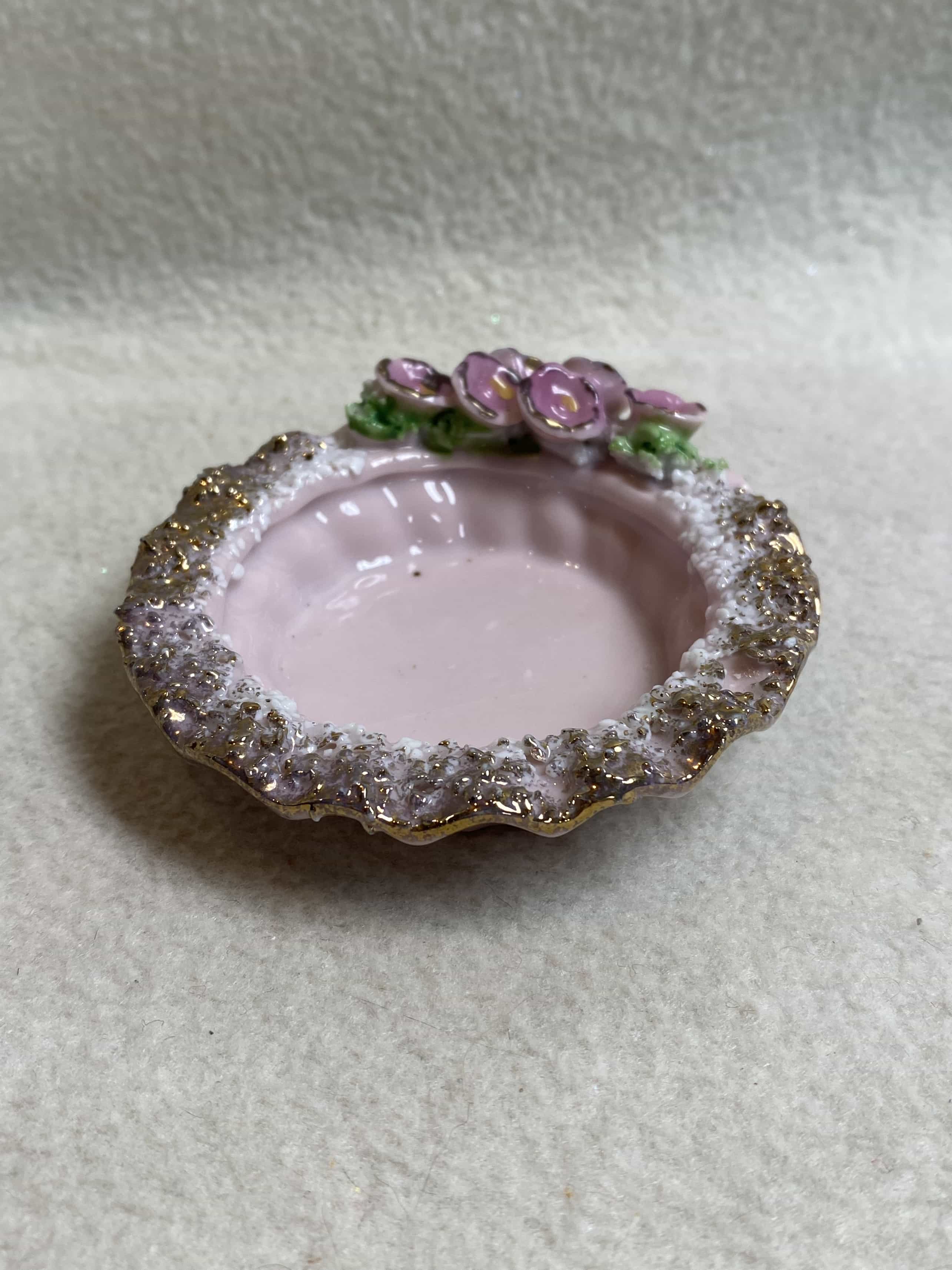 Vintage Small Pink Round Ring Dish with Flowers (V226)