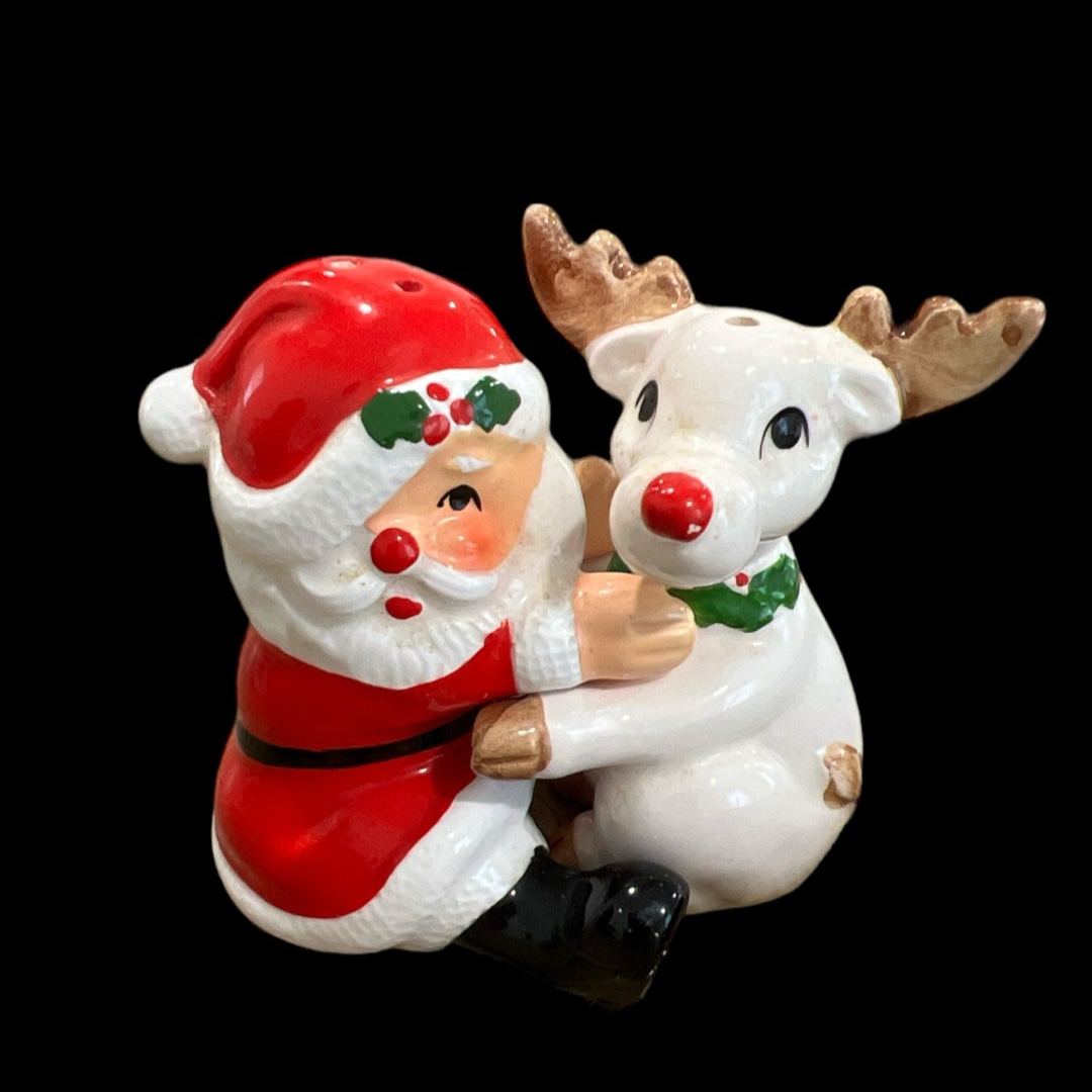 Fitz & Floyd Hugging Santa And Rudolph Salt And Pepper Shakers