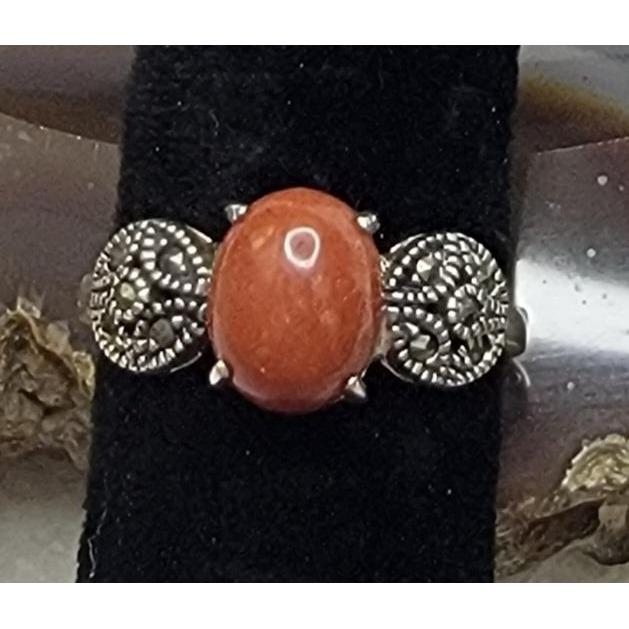#14 Red Jade & Marcasite Sterling Ring