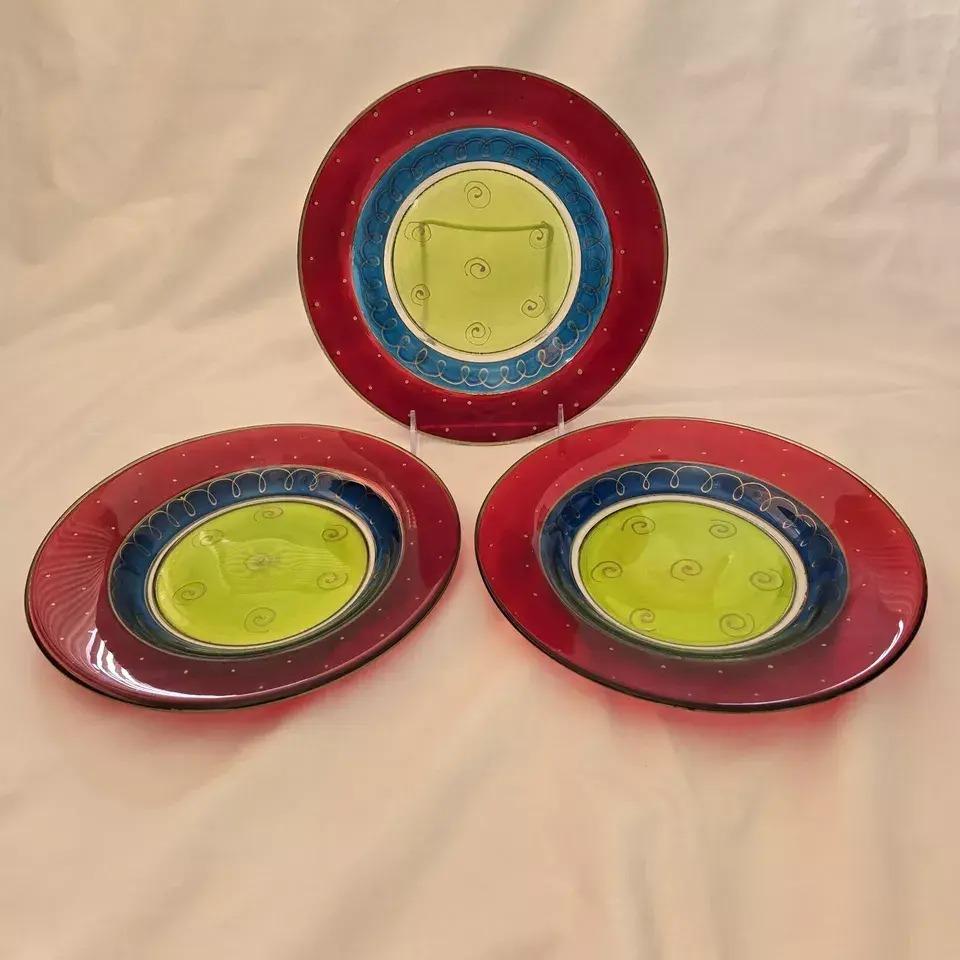 Pier 1 Luncheon Salad Dessert Plate P1C7 Ruby Green, Blue & Gold Glass 8⅝" set of 3