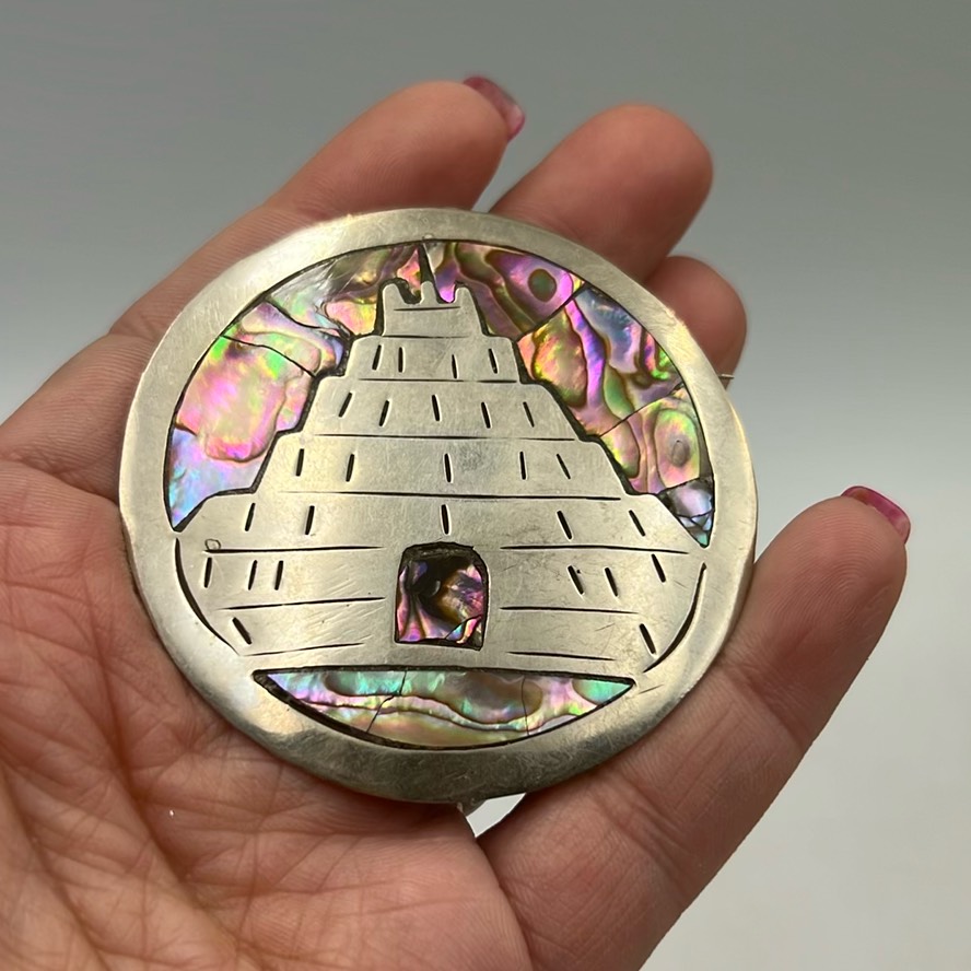 Mexican Silvertone Abalone Shell Oversized Vintage Brooch Pendant 2.75”