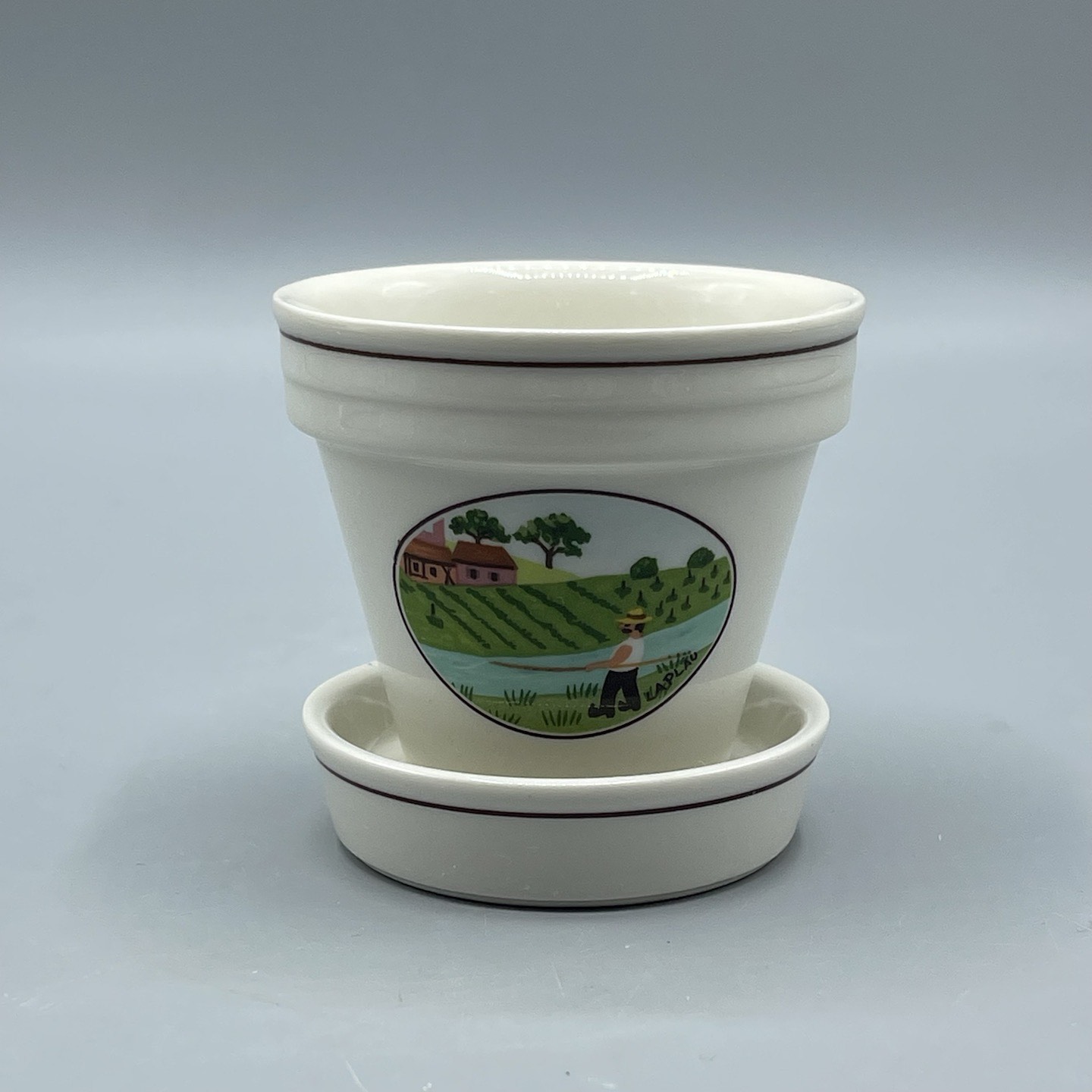 Villeroy & Boch Mini Flower Pot With Underplate Fishing Pastoral Scene