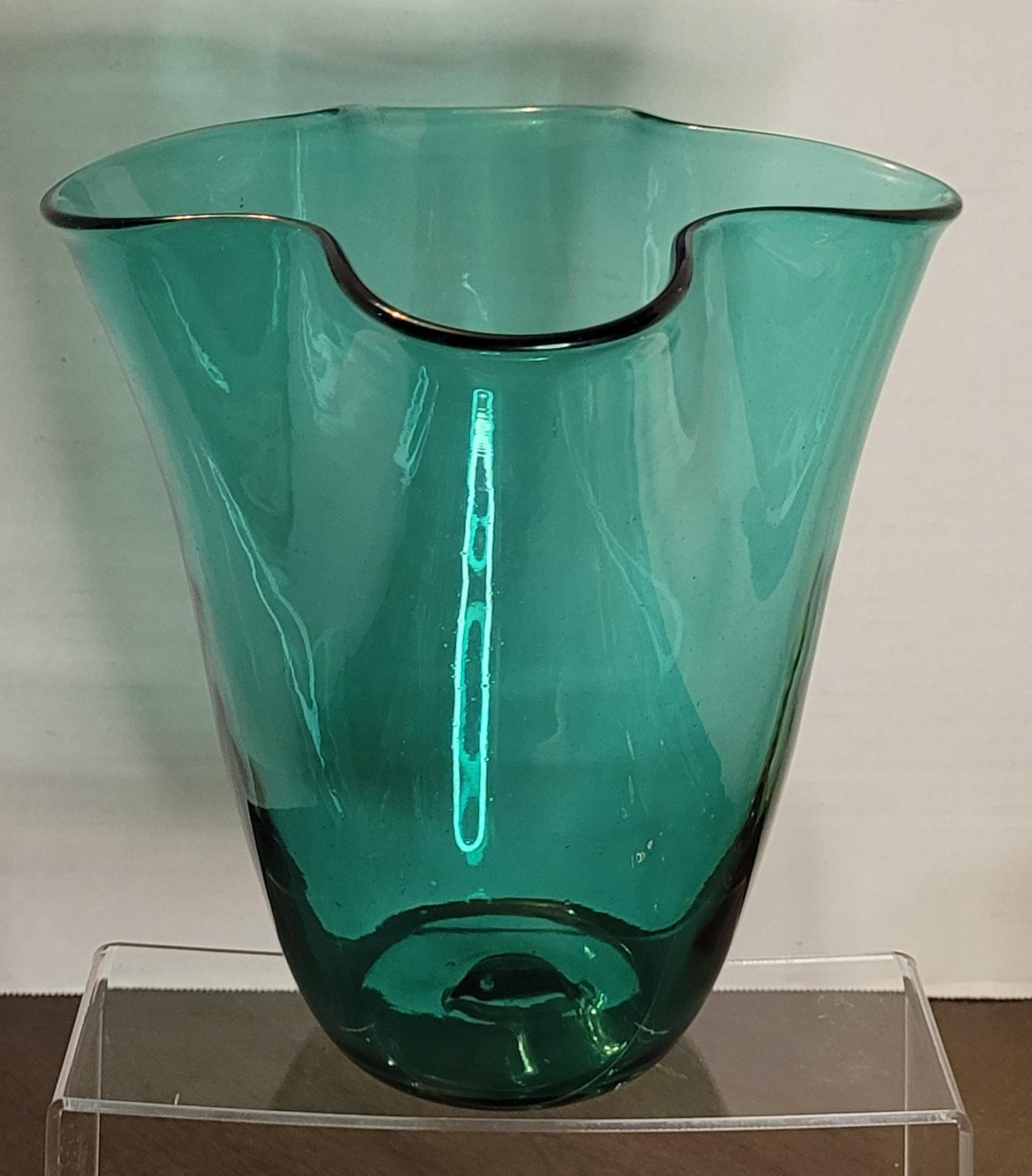 Vintage Sea Green Blenko Glass Ruffle Handkerchief Vase