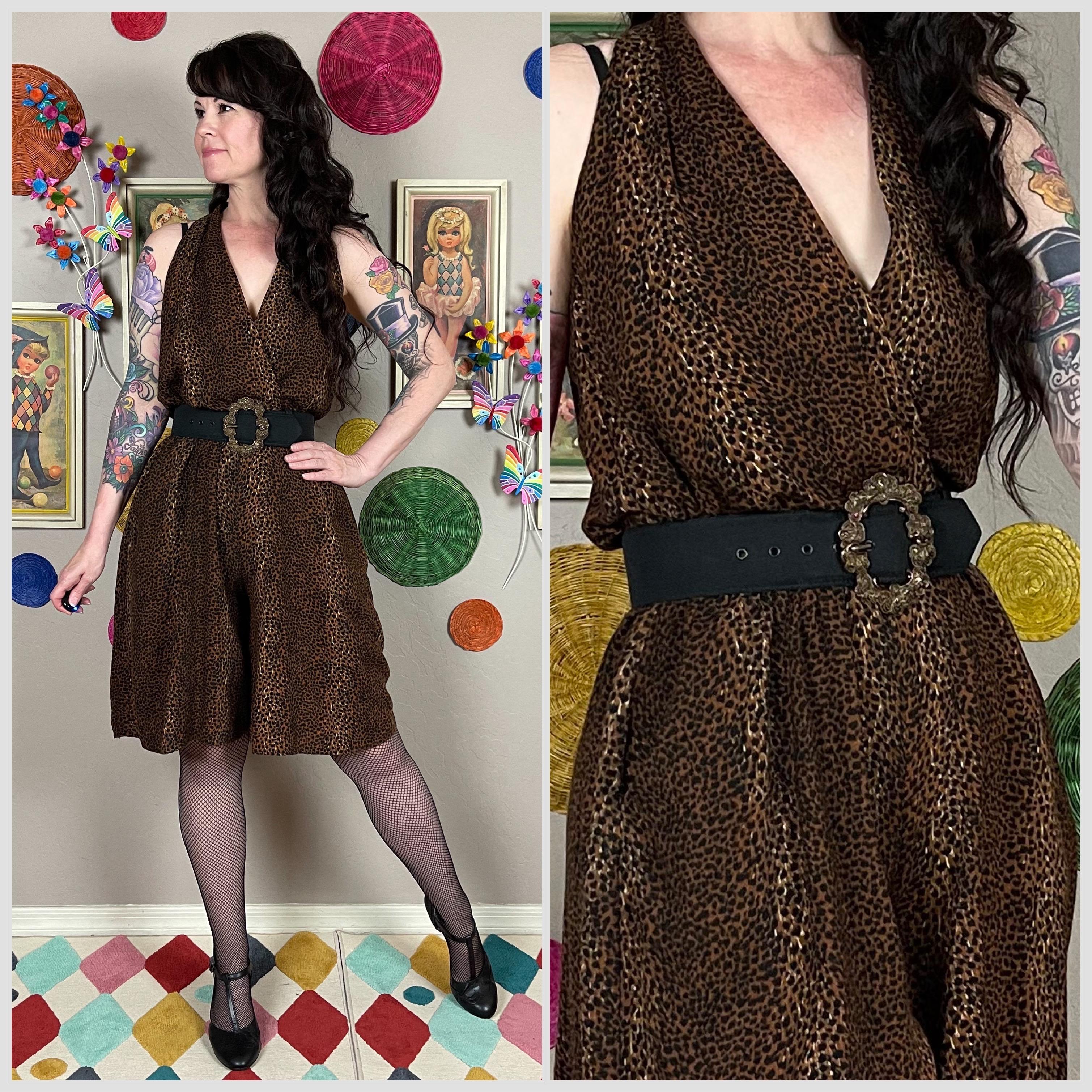 Vintage 1980s Leopard Print Sleeveless Wide Leg Romper