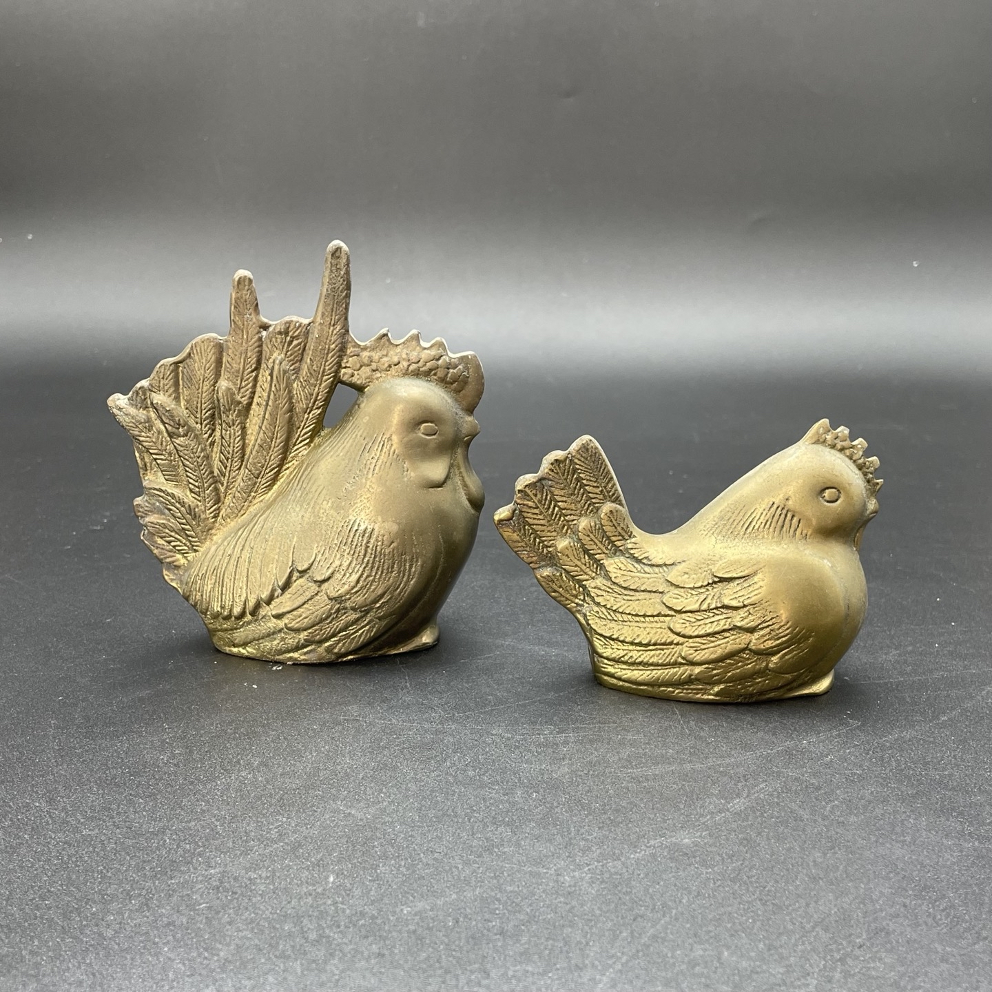 Rare MCM Set of 2 Korean Solid Brass Rooster Hen Chickens Farm Animal ...