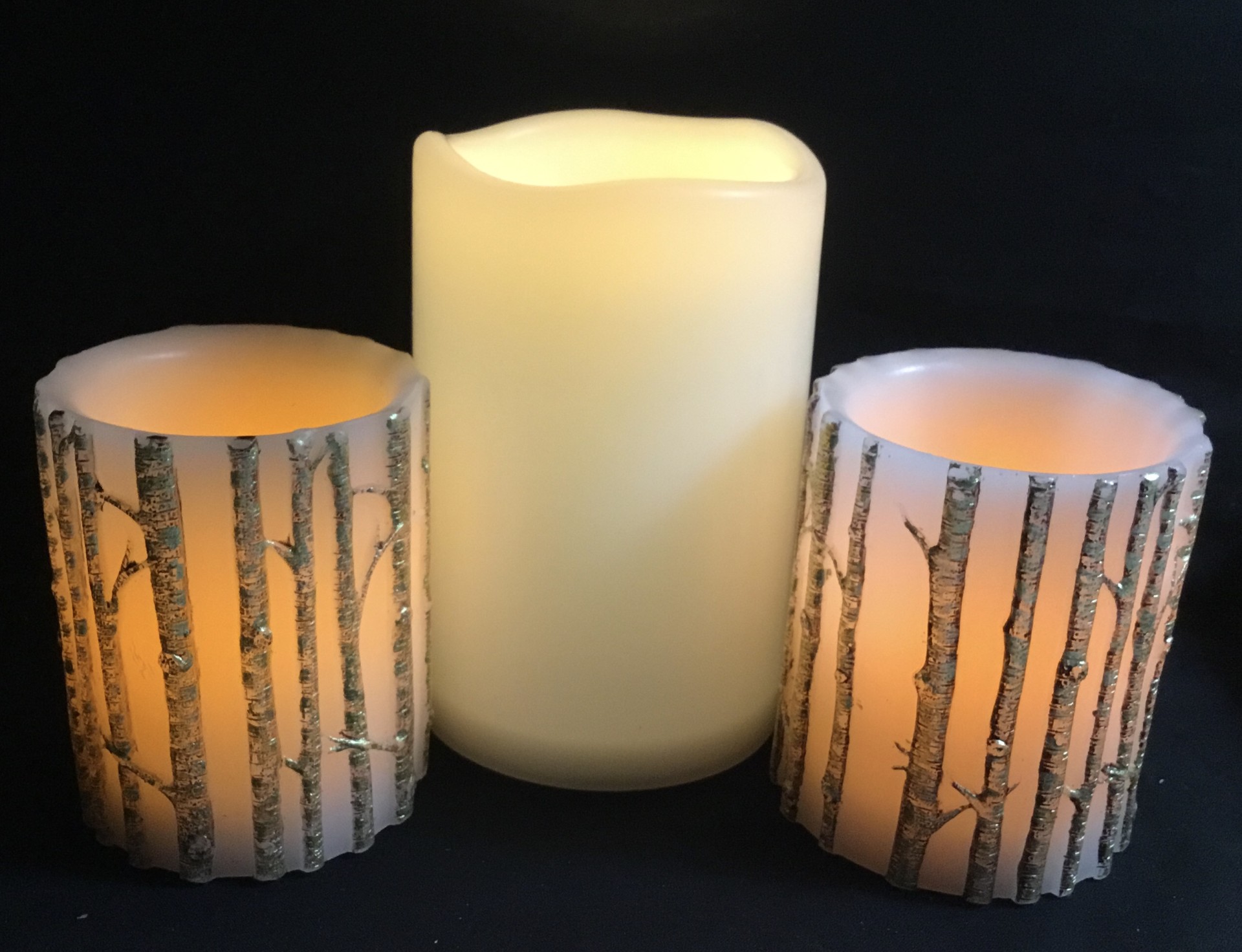3 Electric battery medium candles, two white & gold, one white ...