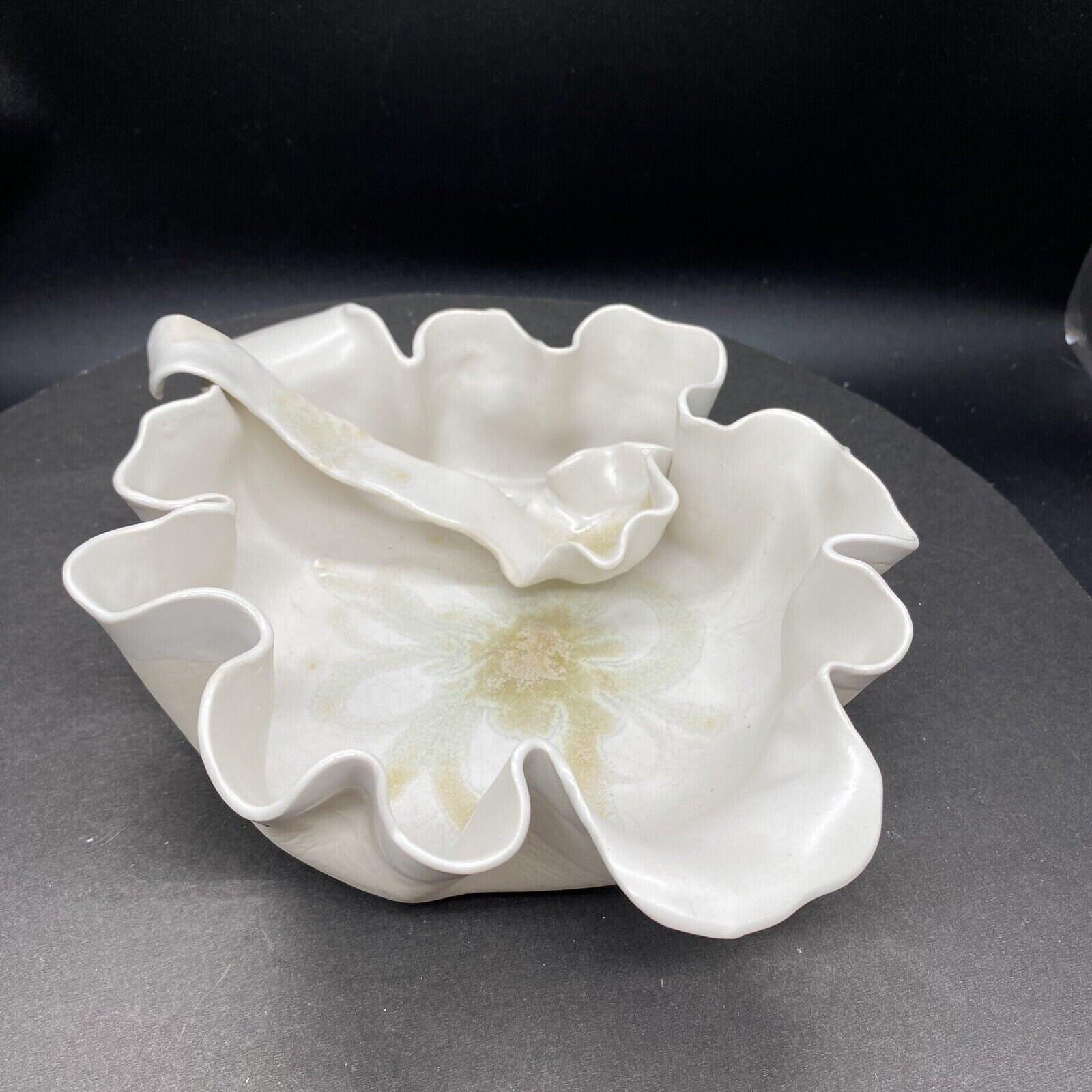 Hand made Art Pottery Abstract Bowl with ladle White Flower Artisan