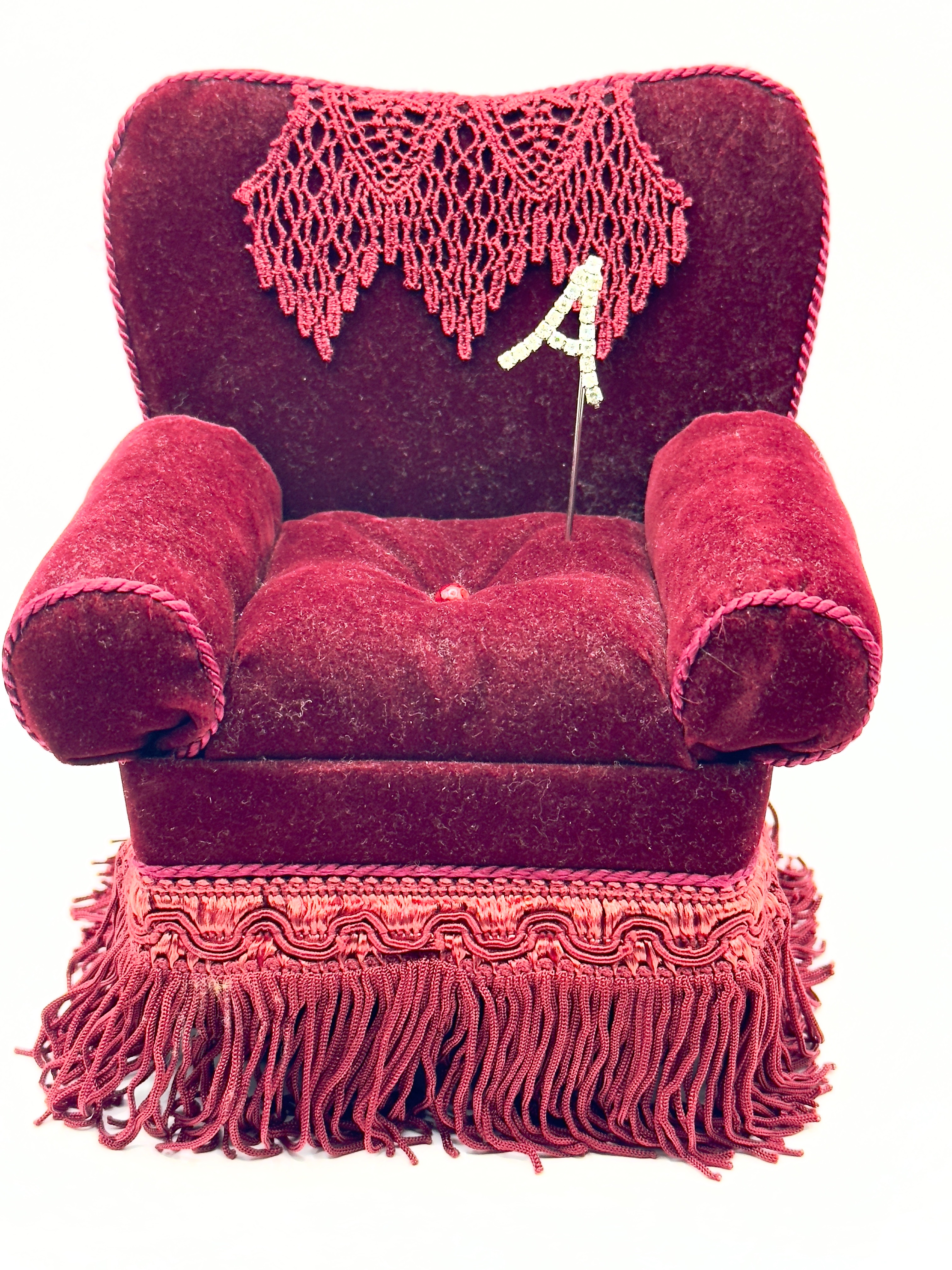 Vintage 1930’s Sewing Pin Cushion Armchair, Crimson Red Velvet with ...