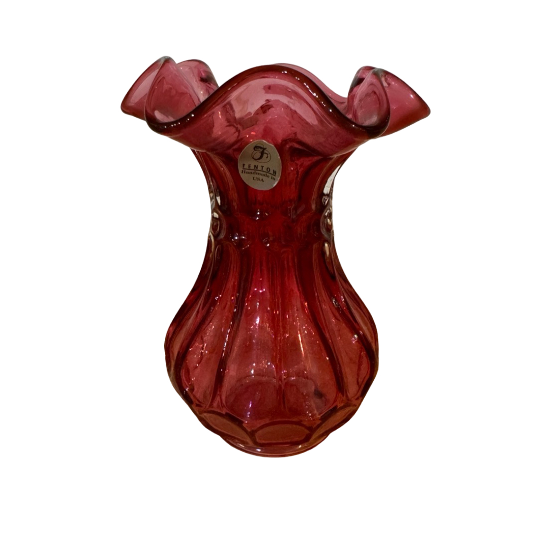 Fenton Flute And Dot Cranberry Ruffle Vase 5 1/4”