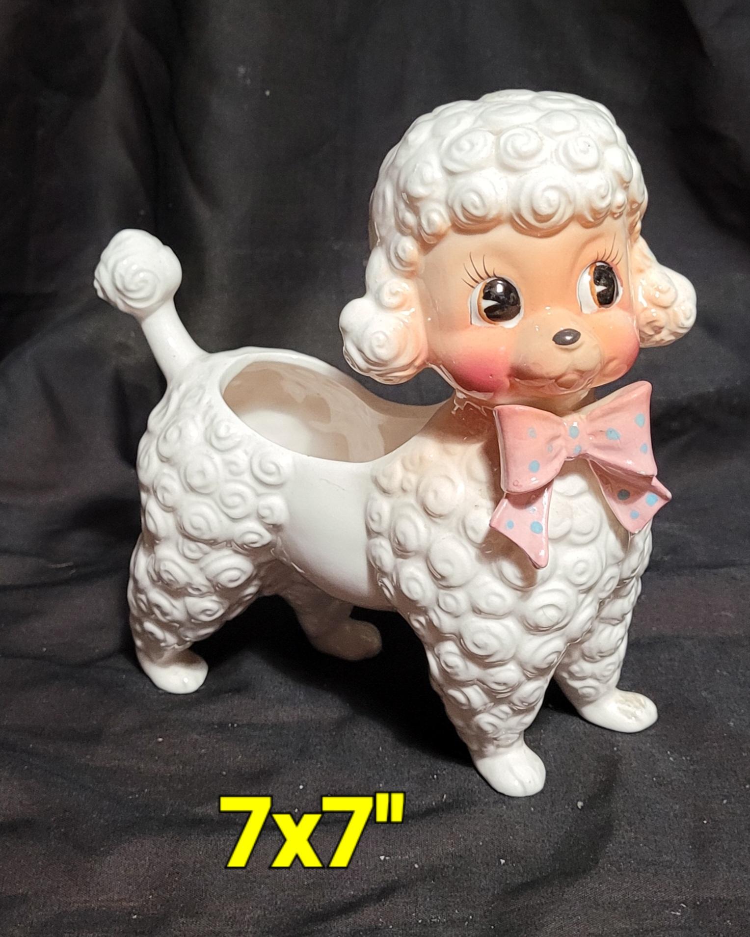 Vintage Ceramic Relpo Japan Poodle Planter with Pink Bow