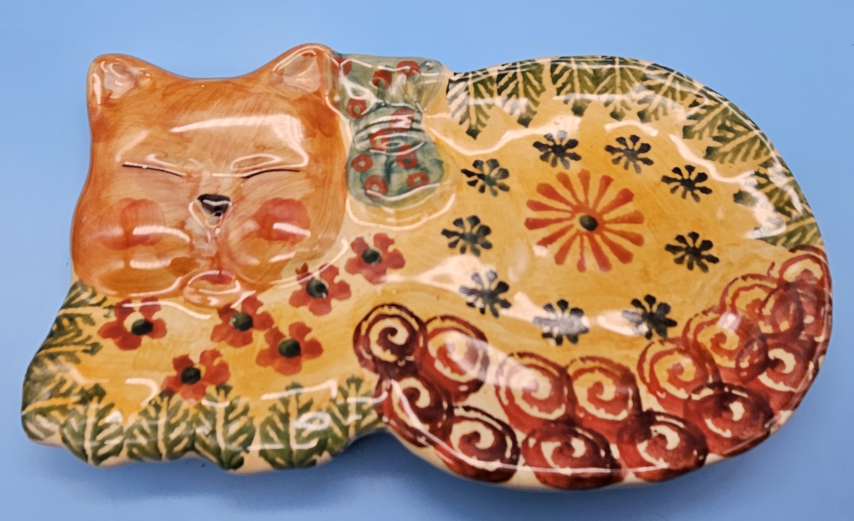 Italy Hand Painted Redware Whimsical Cat Plate Dish Trinket