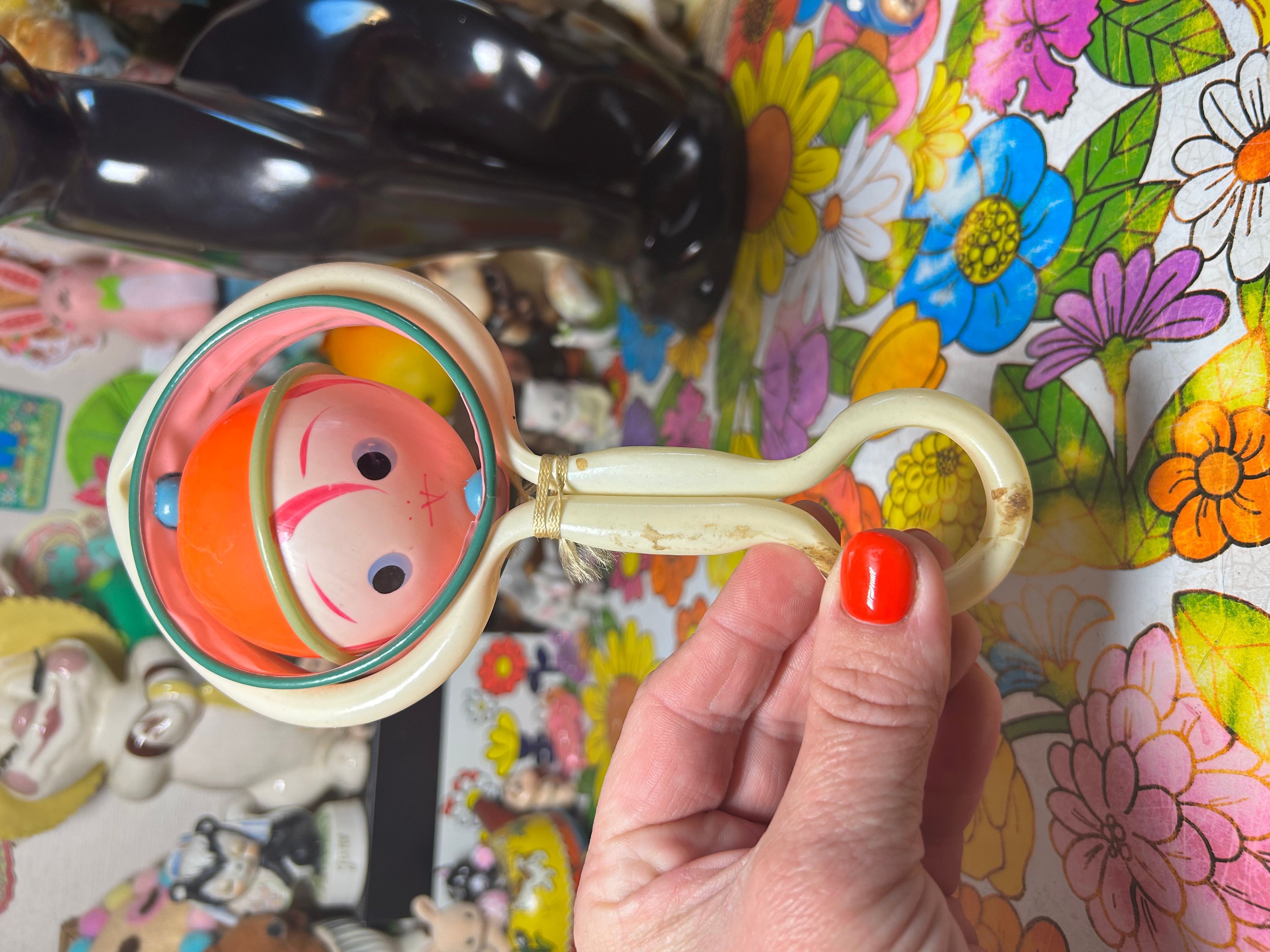 Adorable Vintage Red Capped Celluloid Moving Rattle