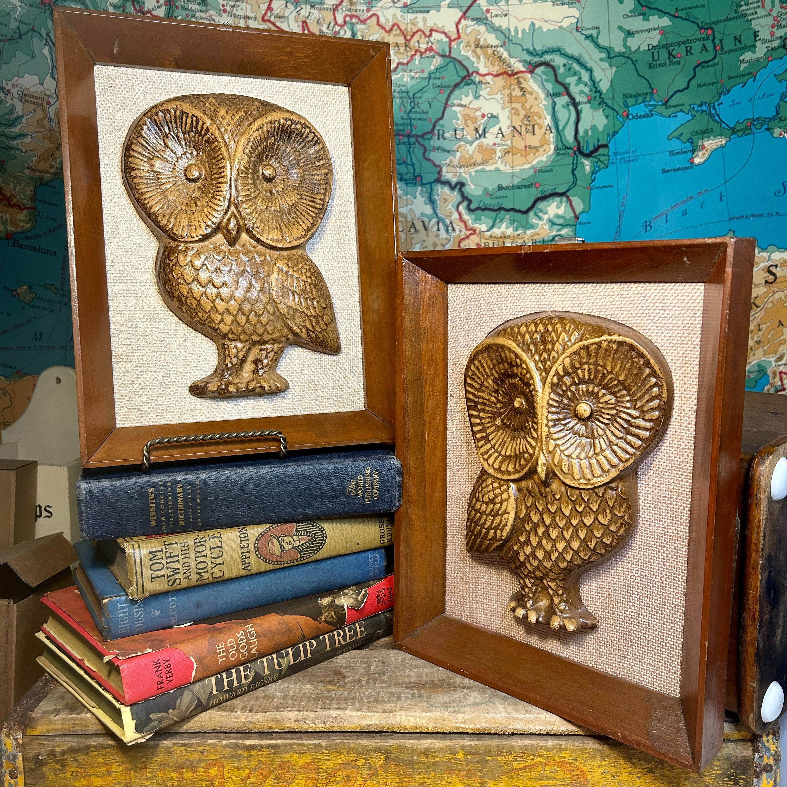 Vintage MCM 1970’s Owl Wall Plaque Set of 2 Framed