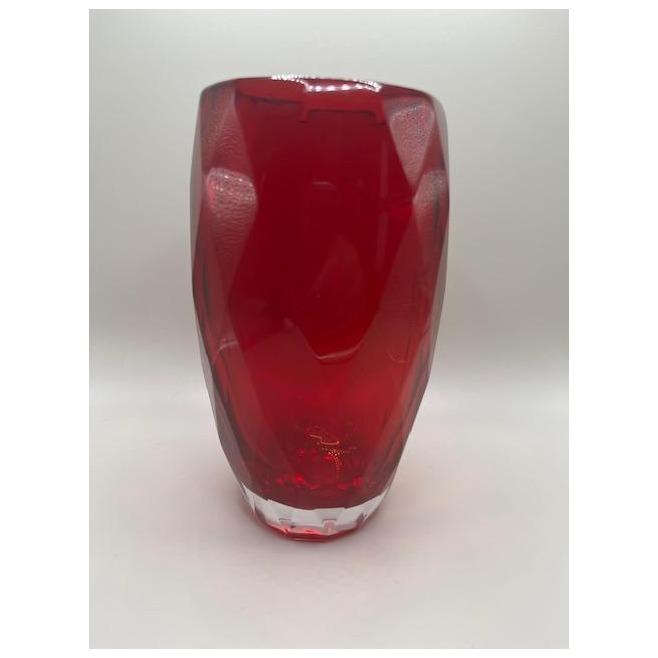 Vintage Handblown Ruby Red Art Glass Vase - Faceted Design - 6 inches Tall