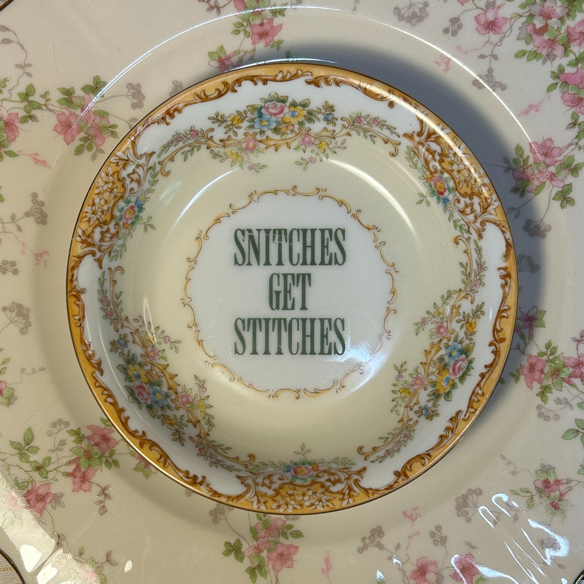 002. Handcrafted Upcycled Vintage Plate 'Snitches Get Stitches'