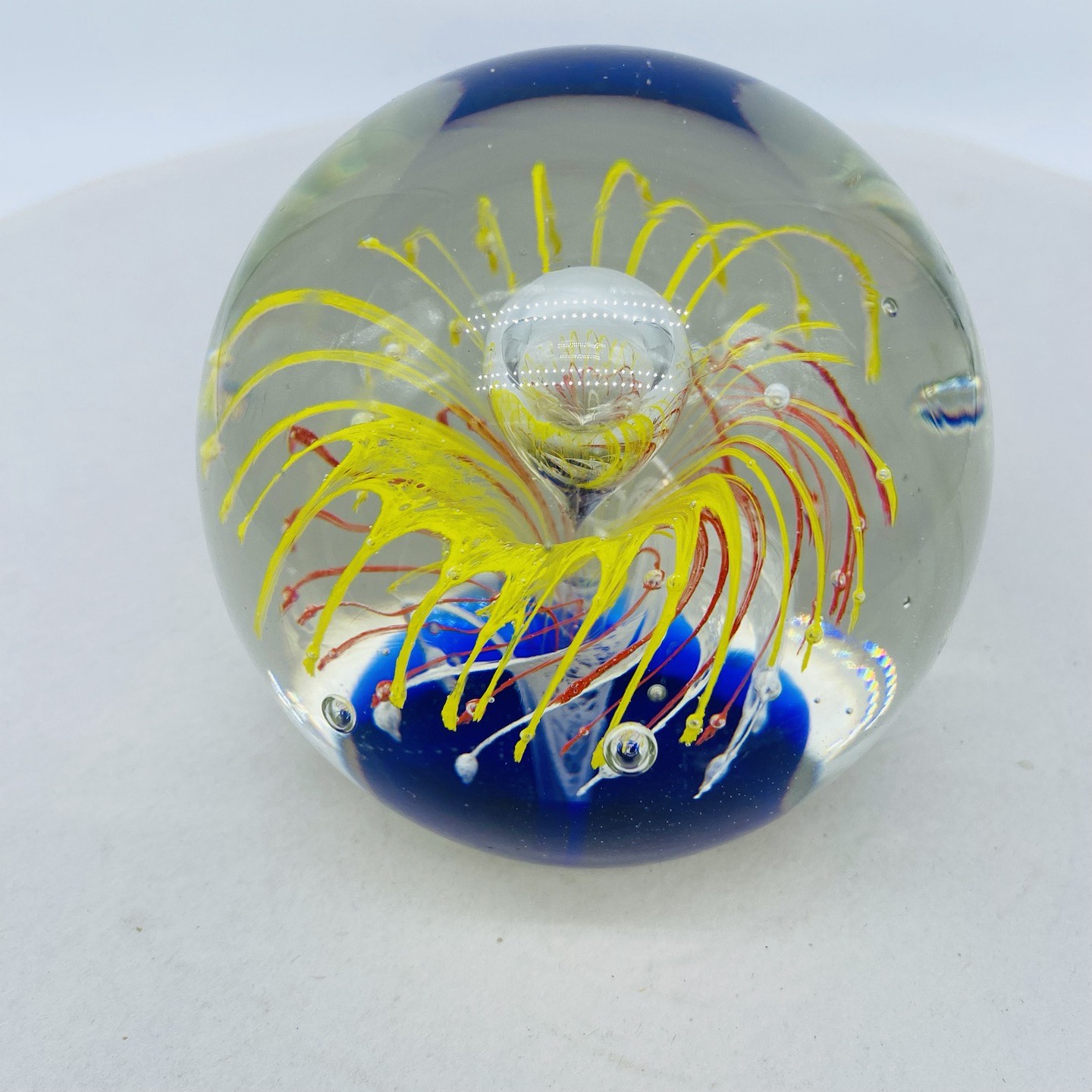 #22 - Art Glass Paperweight Yellow Firework Central Bubble
