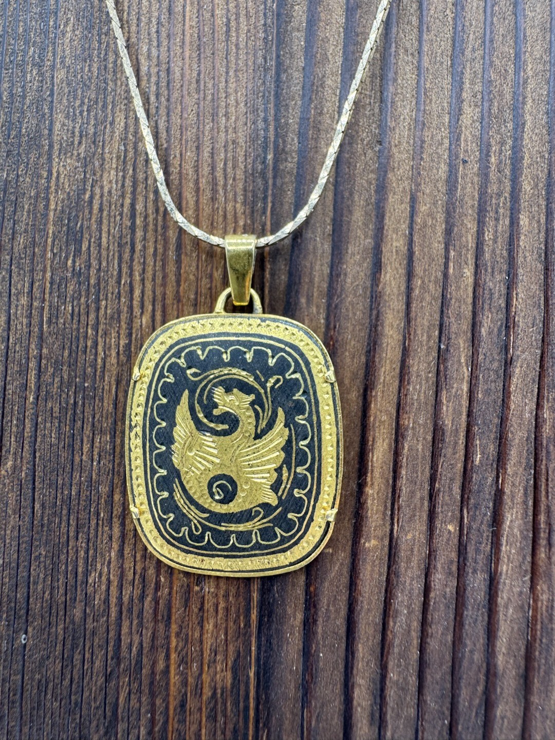 Vintage Damascene Dragon Pendant On Gold Tone 16“ Merlite Chain RARE