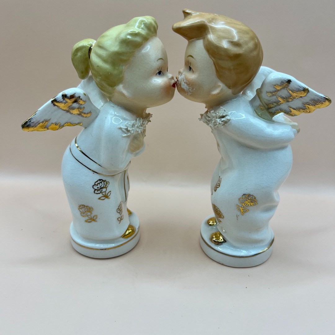 Bavarian Bondware China Kissing Angels Figurines