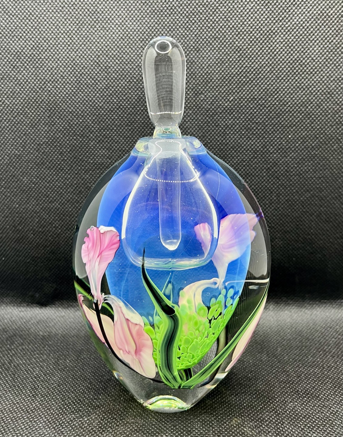 Richard Satava signed studio art glass perfume bottle pink irises Clear ...