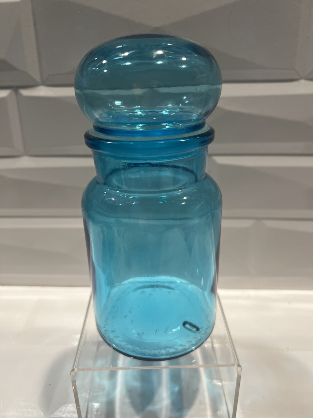 Vintage MCM Apothecary Blue Glass Jar Canister 6'' with Bubble Lid BELGIUM