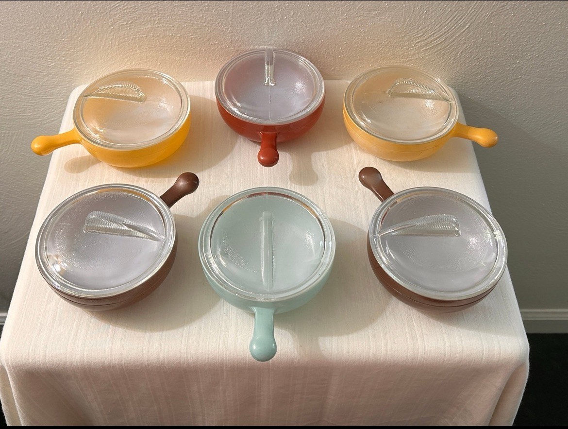 GLASBAKE SET 6 Casserole Bowls Side Handle Fin Glass Lids Mid Century ...
