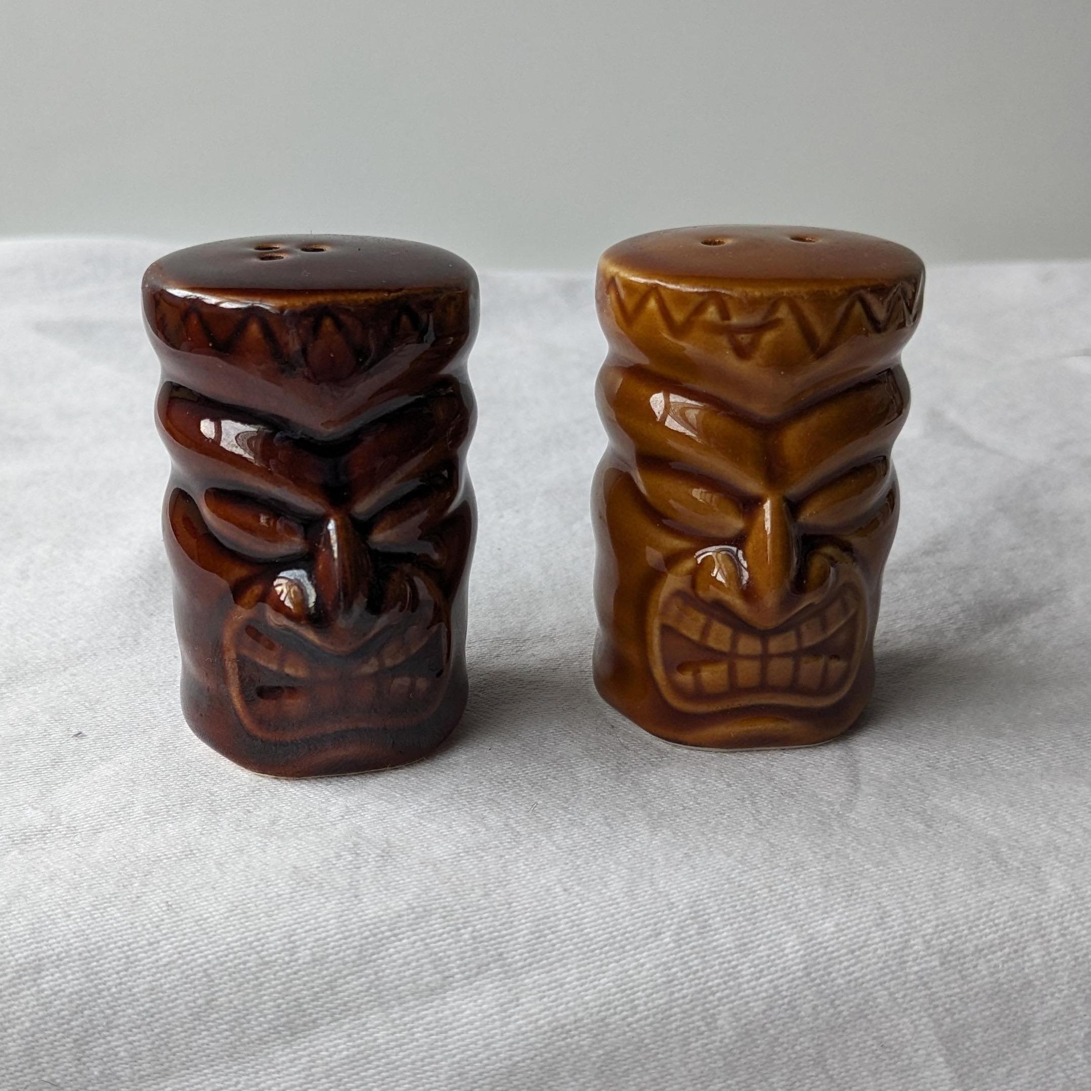 Vintage Tiki Totem Brown Ceramic Salt and Pepper Shaker Set