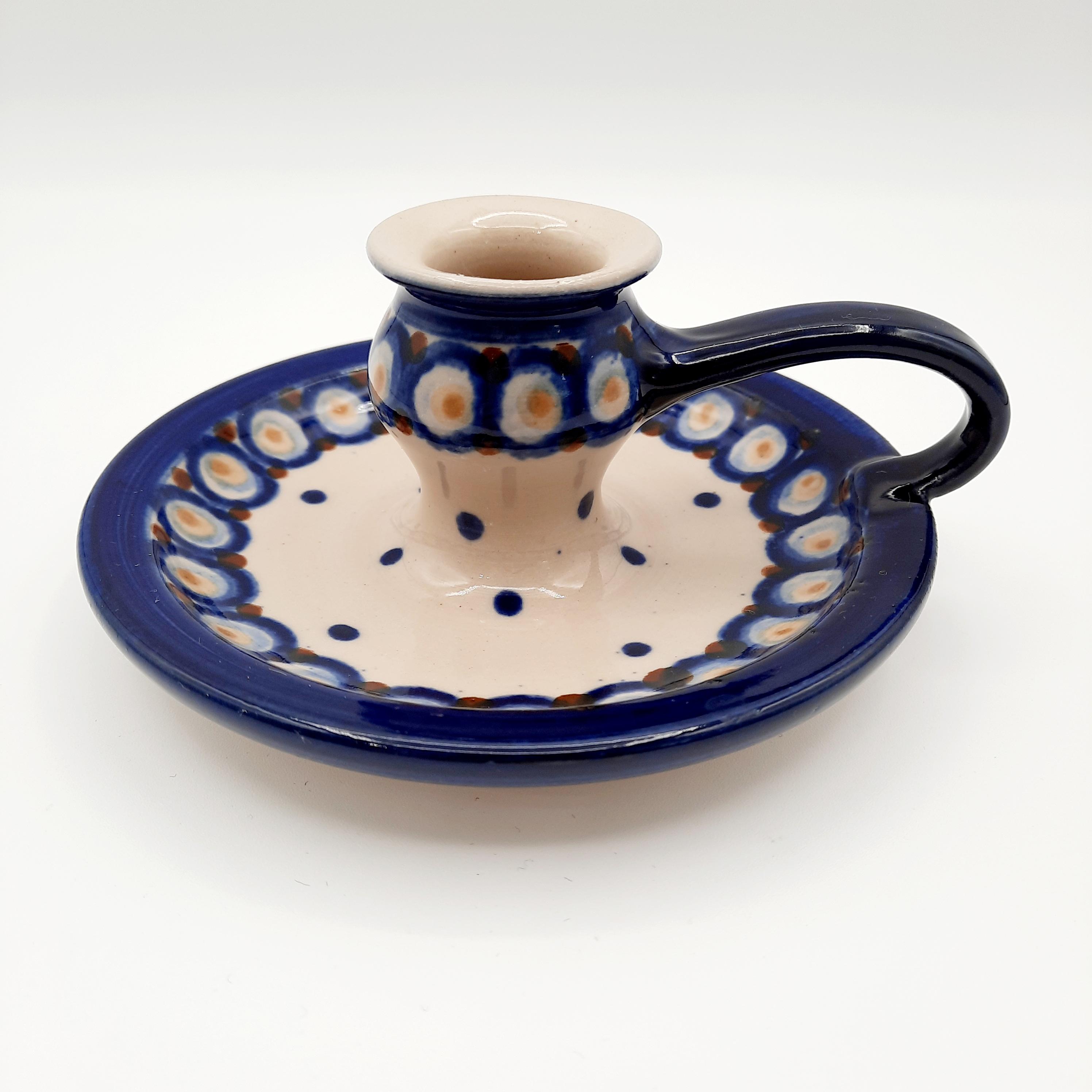 Polish Pottery Candlestick Holder Dark Blue & Beige Made In Germany
