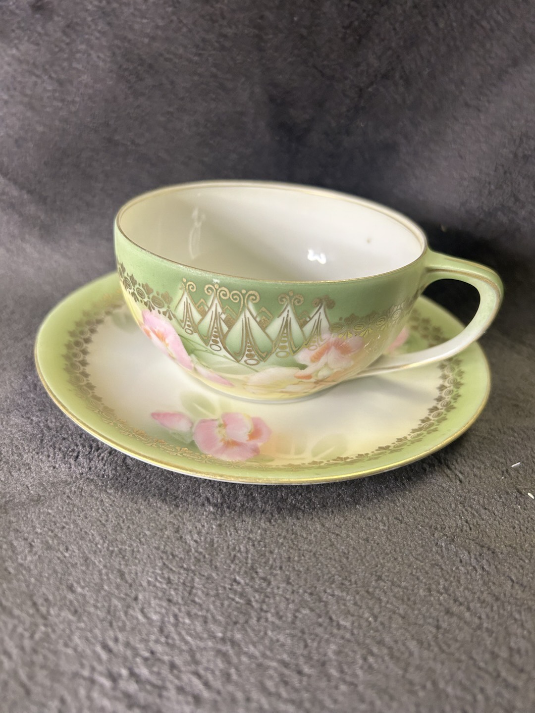 Rare Vintage RS Germany Tea Cup & Saucer Pink Green & Gold Floral