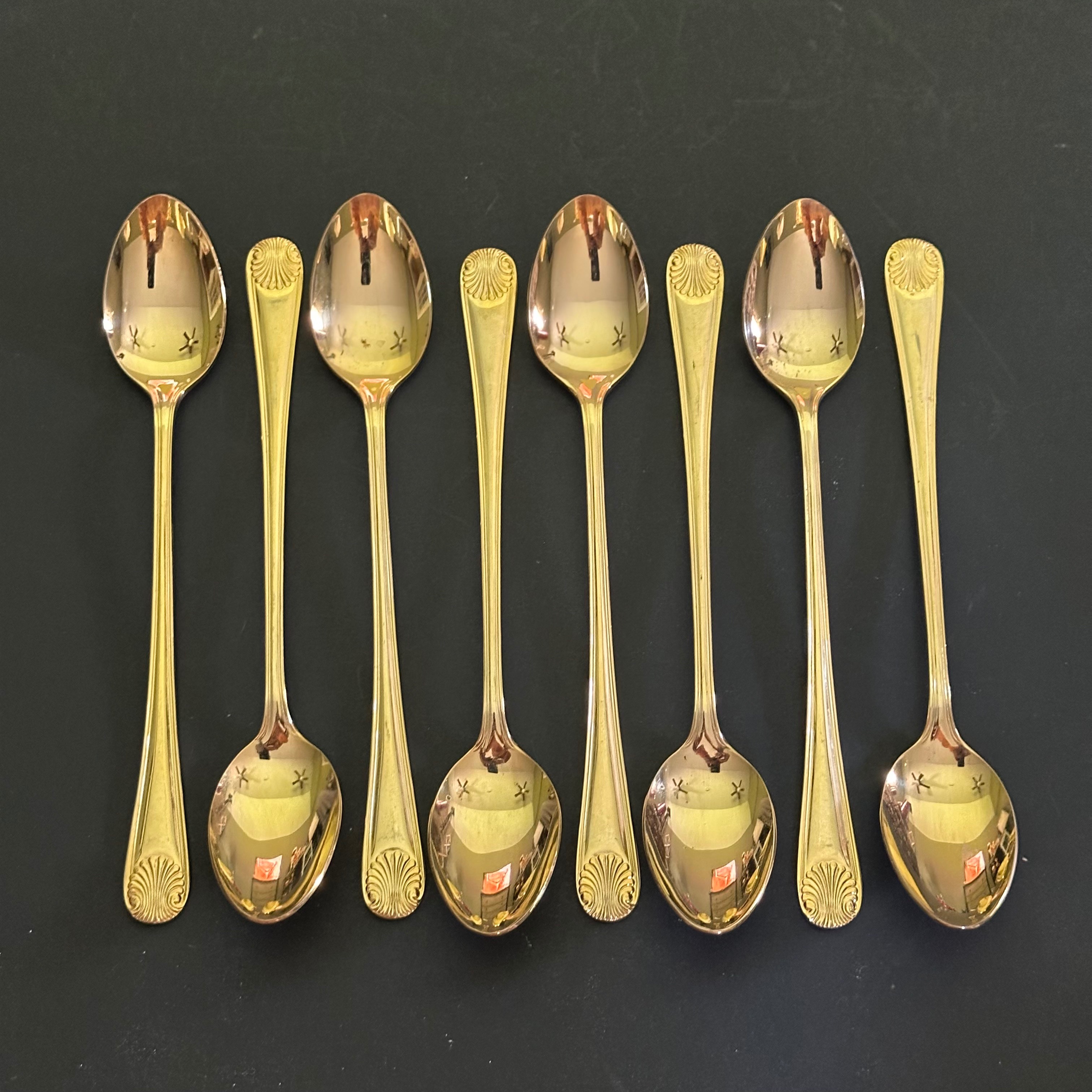 8 Gold Plated Iced Tea Spoons Shell Fan Pattern Stainless Steel ...