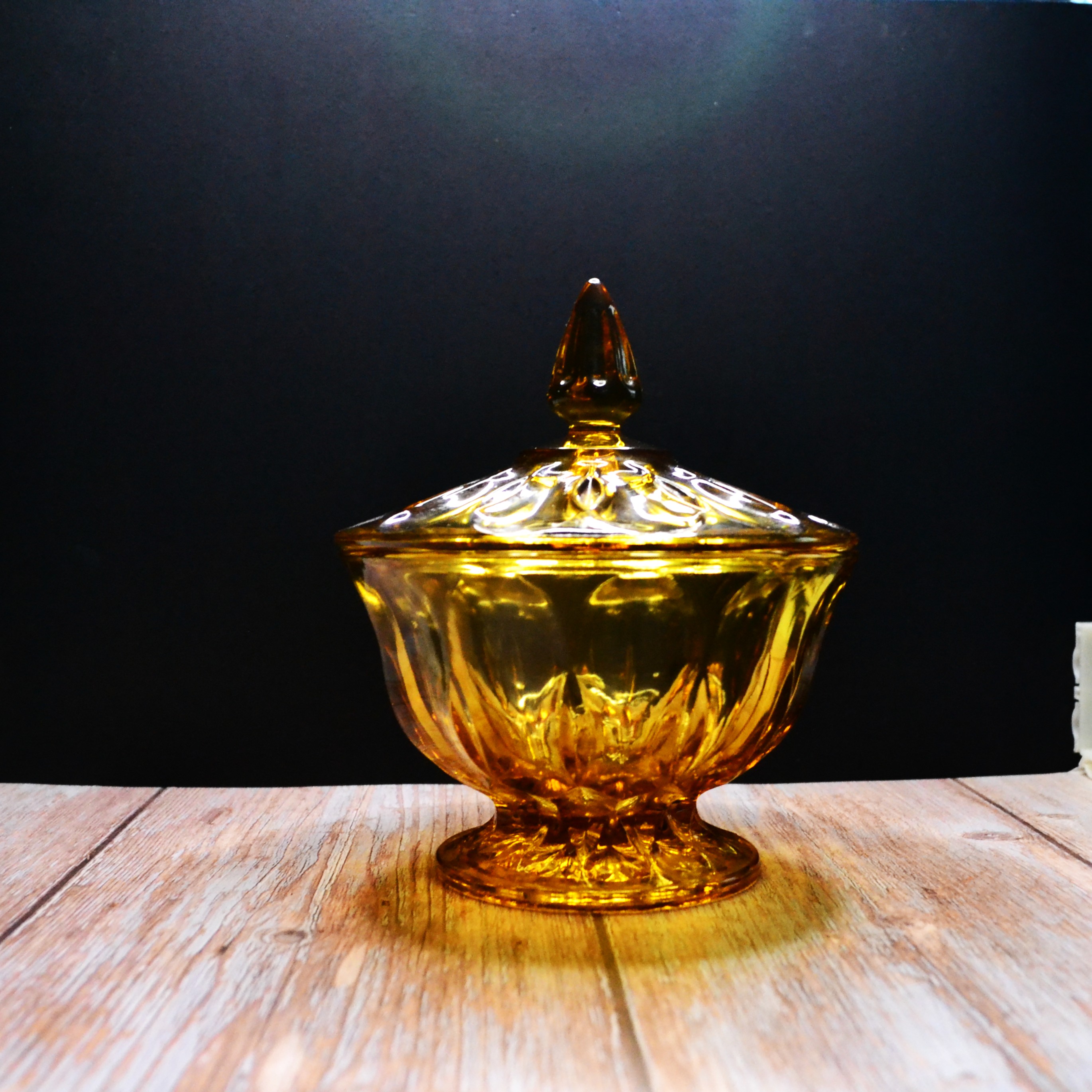 Vintage Amber Glass Candy Dish with Lid Fluted Bowl Ornate Finial