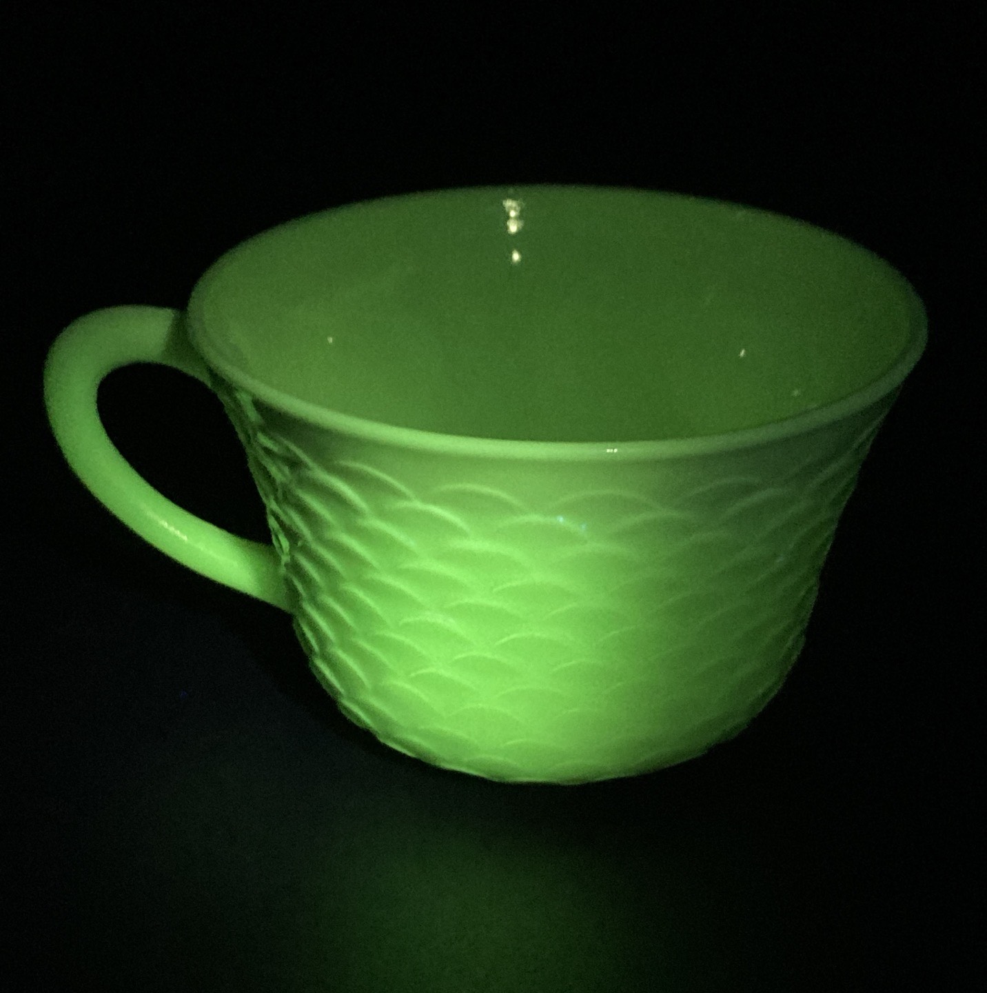 UV Reactive! Milk Glass Tea Cup 2 1/4” Tall 4 1/2” Wide With Handle. No ...