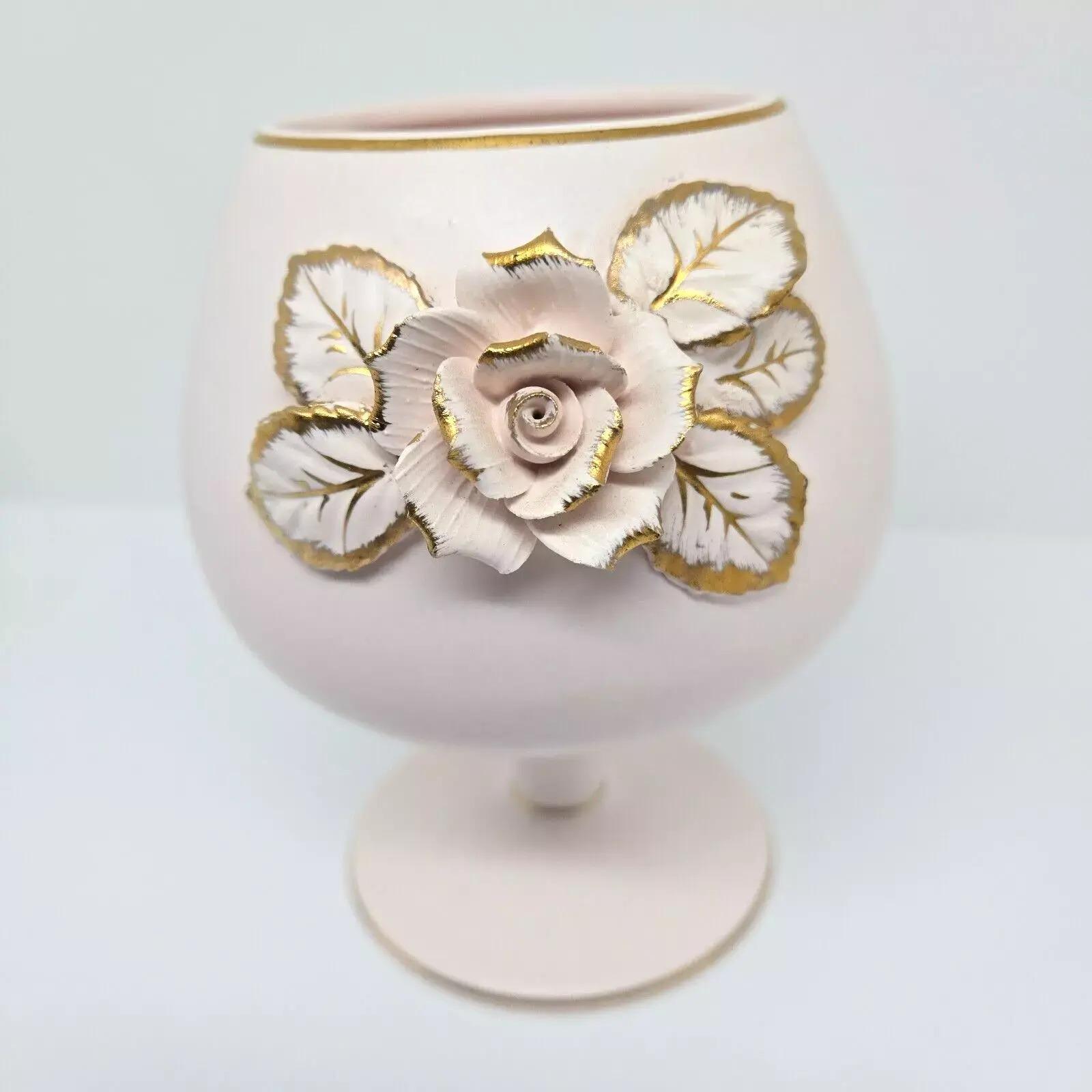 Napco 1962 Pink and Gold Goblet Vase, Flower Accent, Bedford Ohio IL5563