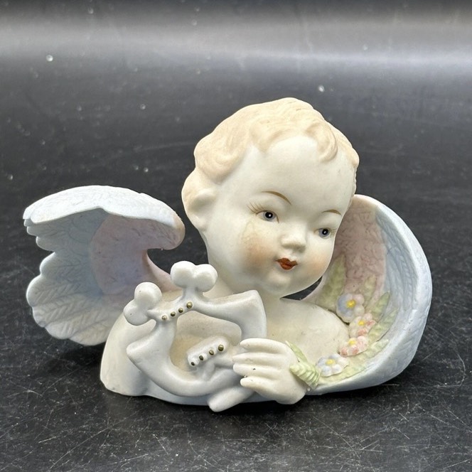 Vintage LEFTON China Bisque ANGEL Figurine Small CHERUB BUST 432 Harp