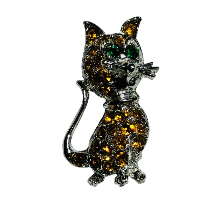 Yellow Rhinestone Silver Tone Cat with Green Eyes