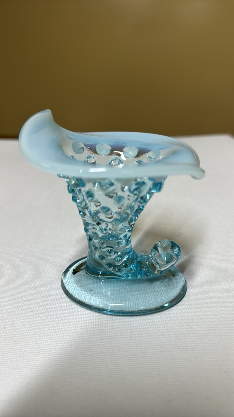 Fenton Hobnail Cornucopia Glass Vase Blue Opalescent 3.75”