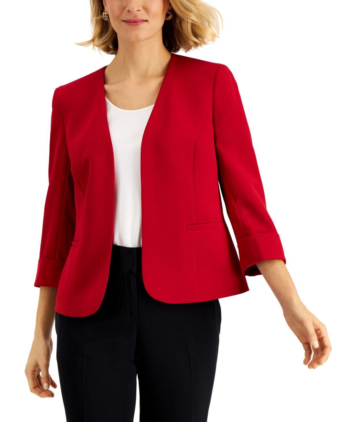 Kasper Ladies Petite Red Open Front Blazer Quarter Rolled Cuff Sleeves ...