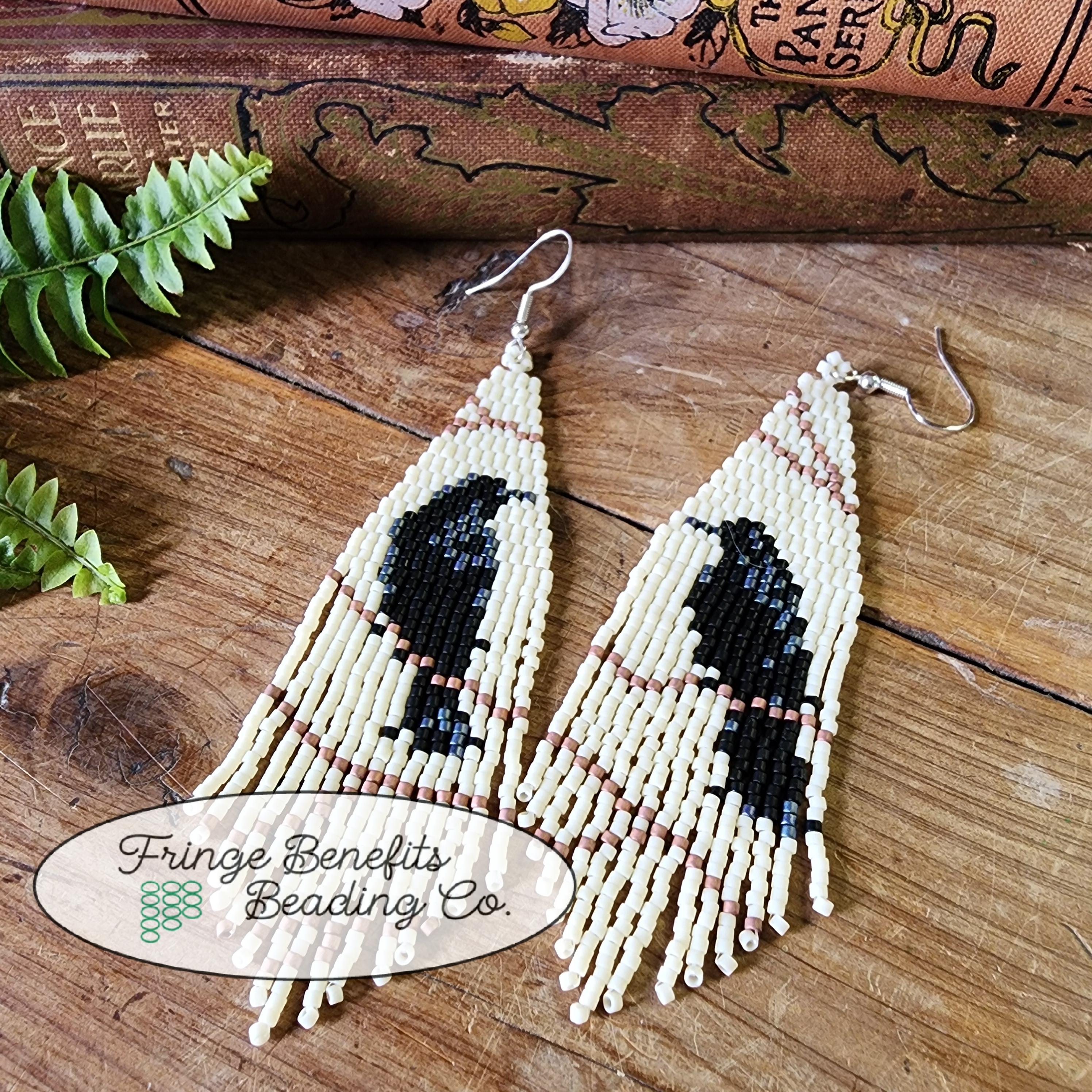 Hand-Beaded Asymmetrical Raven Fringe Earrings - .925 Ear Wires