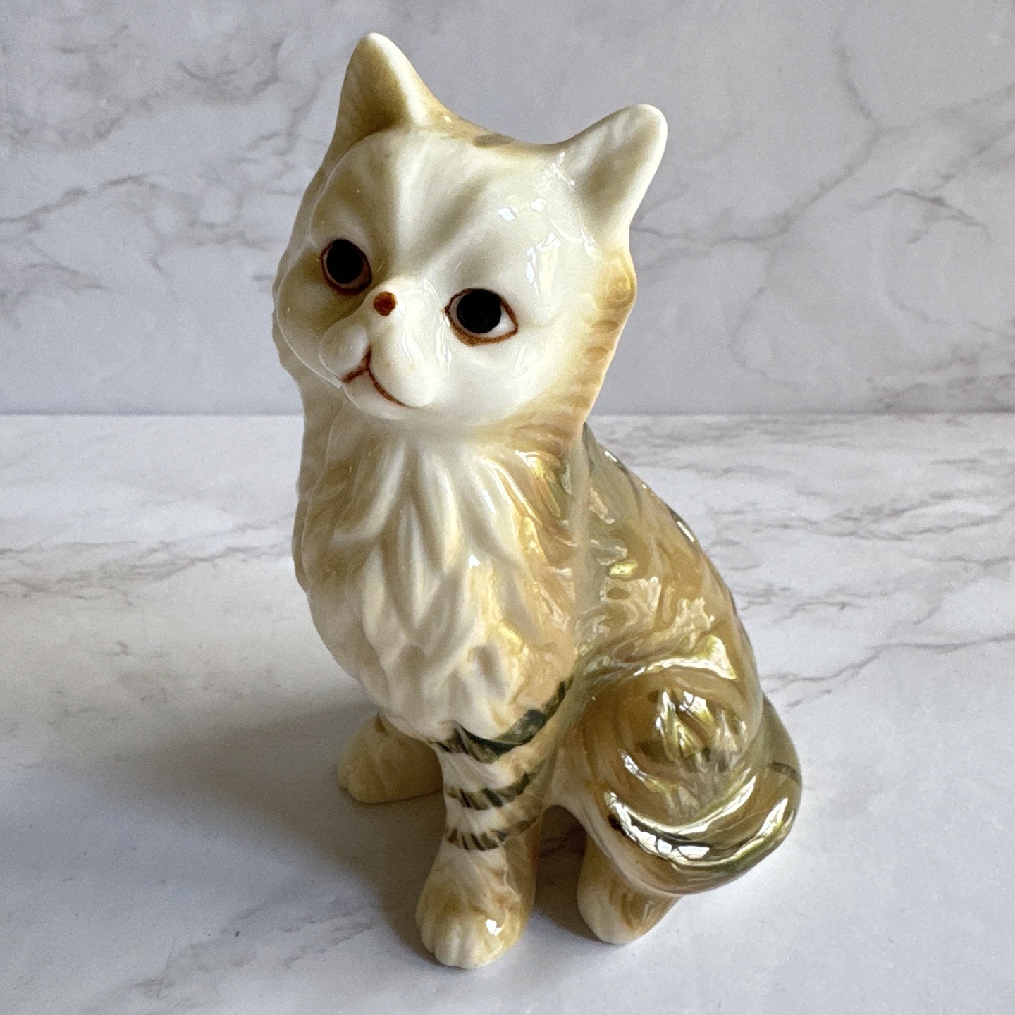 Vintage Bone China Taiwan Cat Figurine Tan & White Long Hair With Stripes