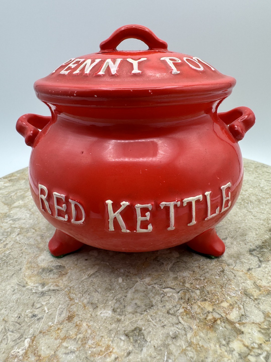 Vintage Red Kettle Penny Pot Bank