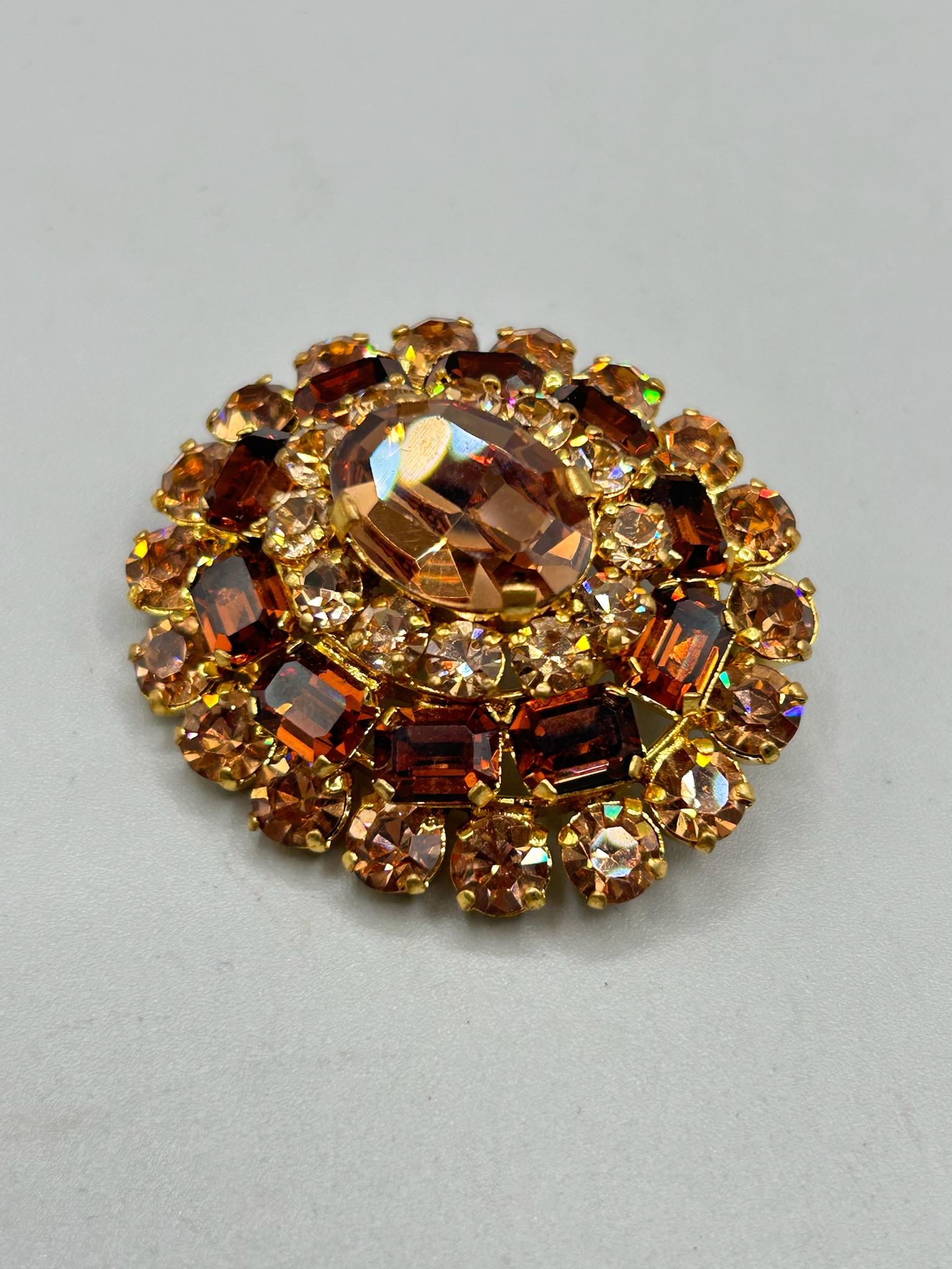 Vintage Signed Austria Rhinestone Brooch Pin Layered Domed Design Topaz Color E1273