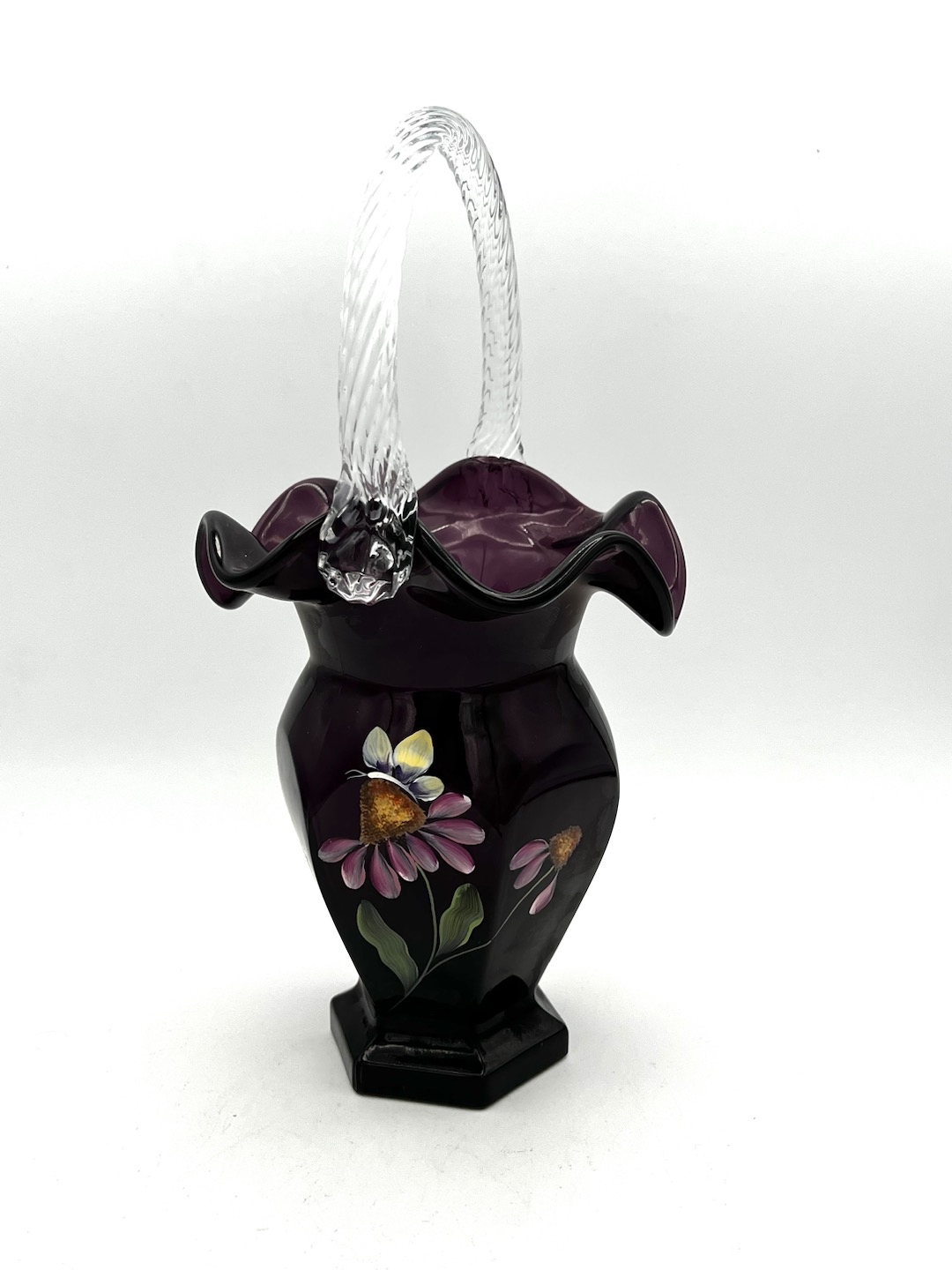 Fenton Art Glass Royal Purple Hand Painted Butterfly Basket With ...