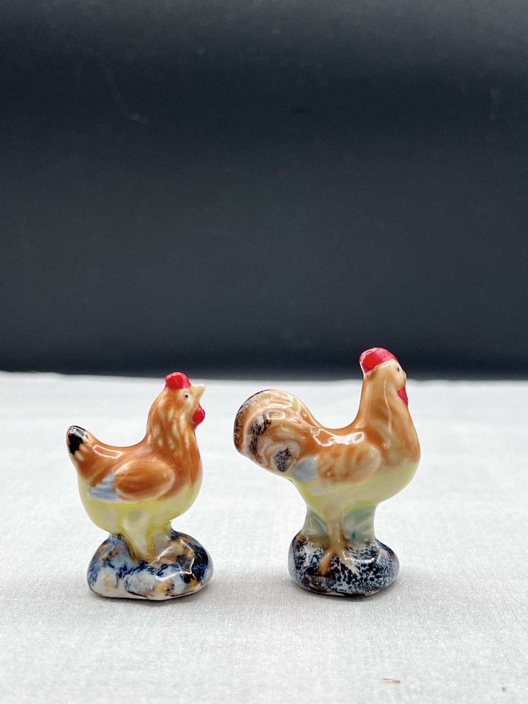 Vintage Mini Tan Rooster and Hen Figurine Set