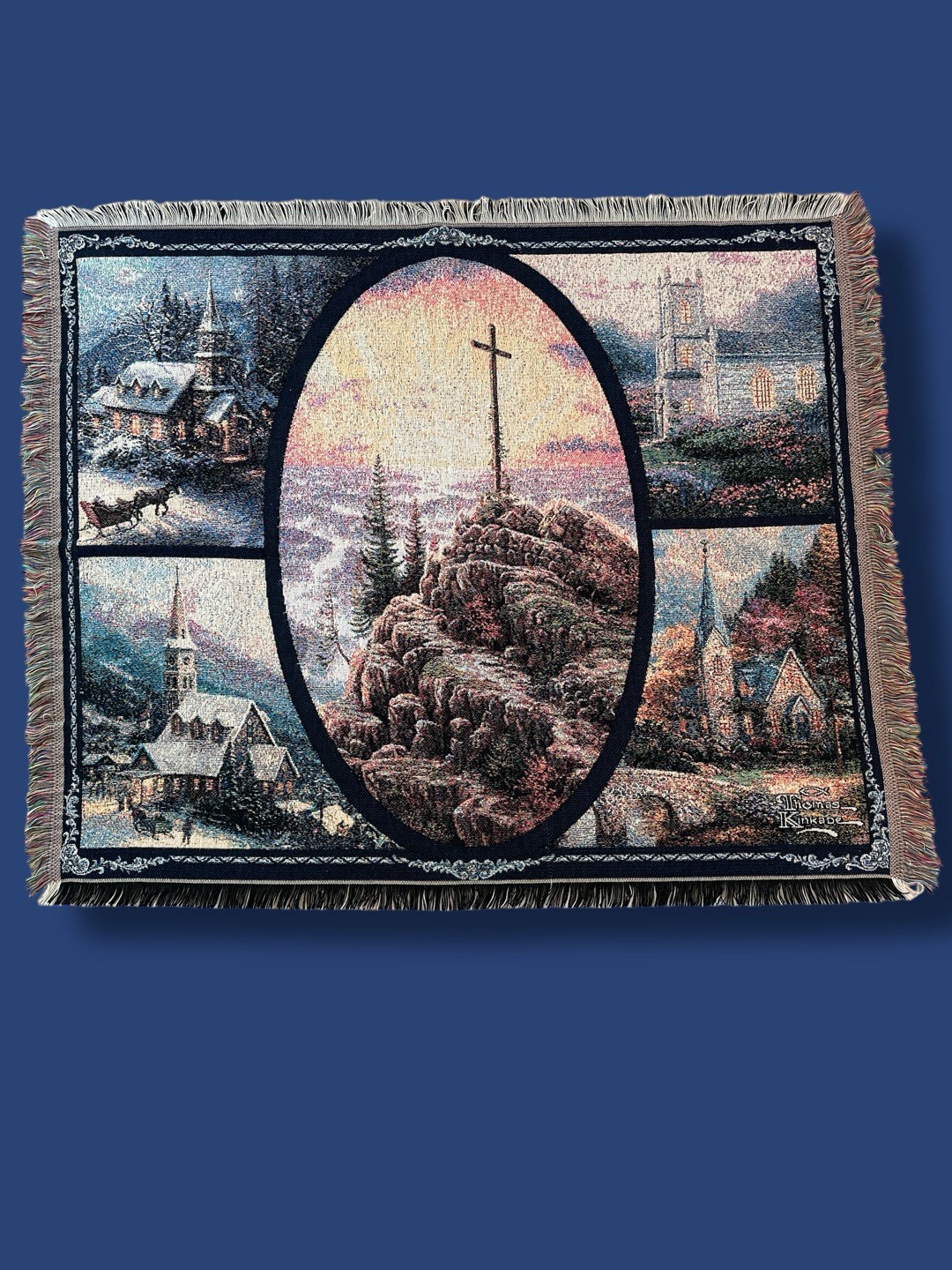 Thomas Kinkade Chapel Throw Blanket Churches Sunrise Fringed Tapestry ...