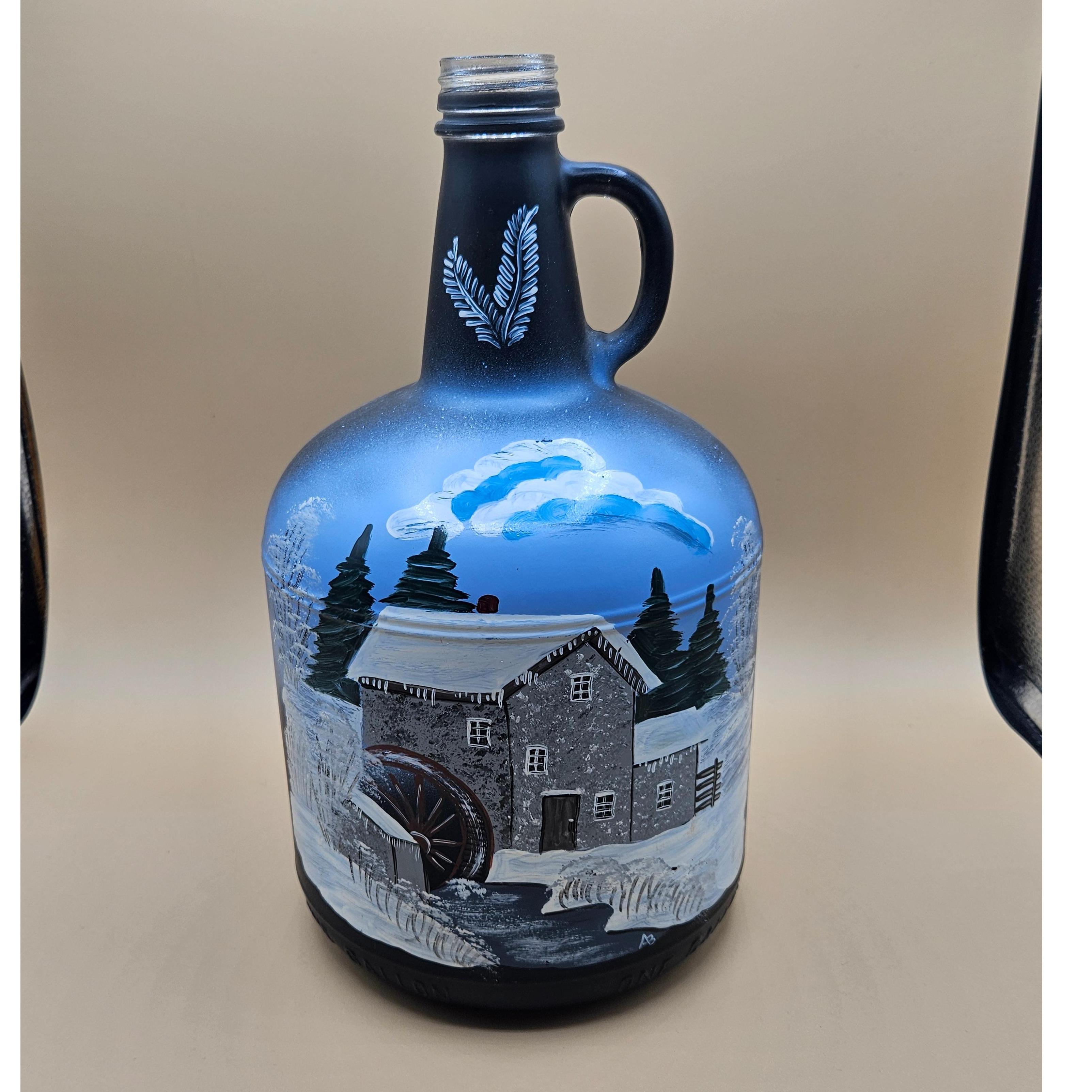 Handpainted One Gallon Glass Jug Stone Mill & Water Wheel In Winter 12"H