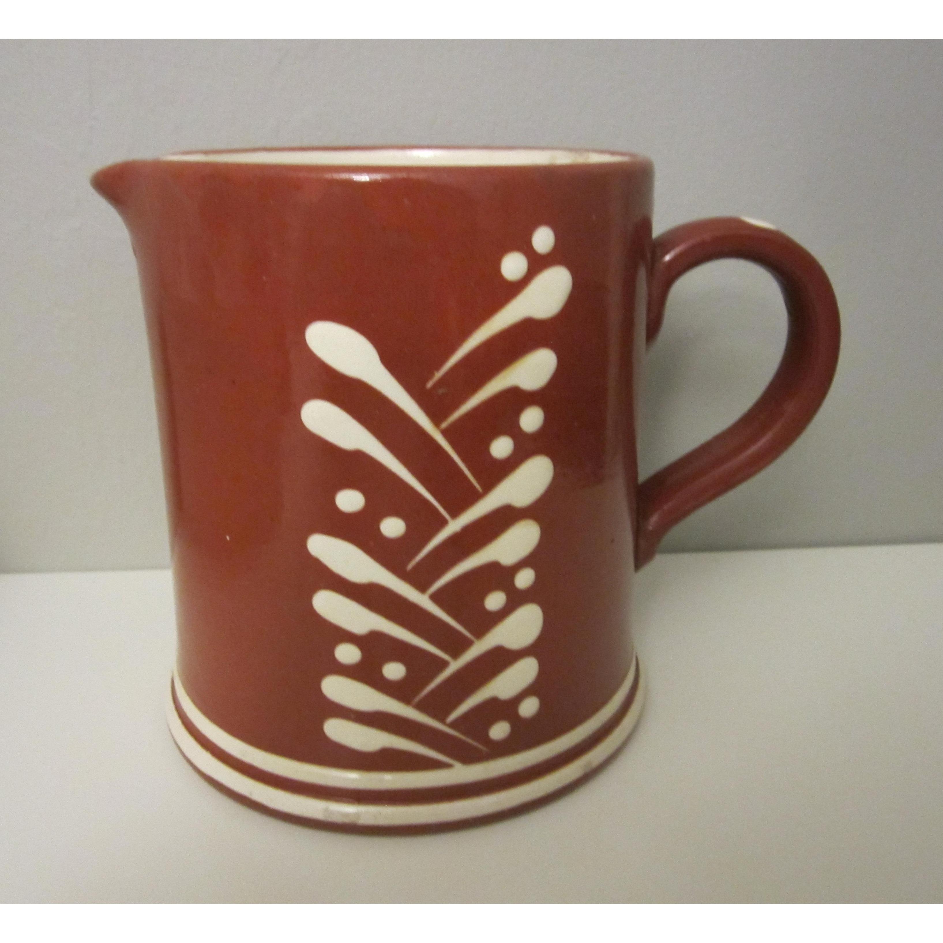Vintage Hoganas Keramik 7" Tall Sweden Pottery Pitcher Mocha + folk art ...