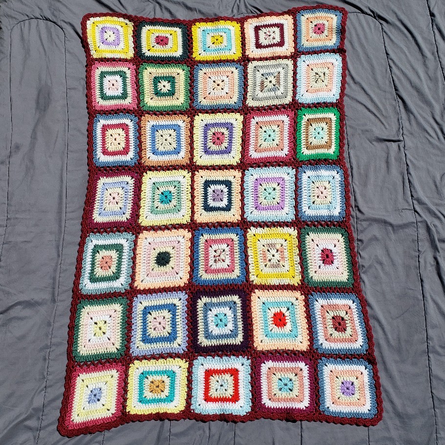 Multi-Color GRANNY SQUARE Hand Crocheted Throw Blanket