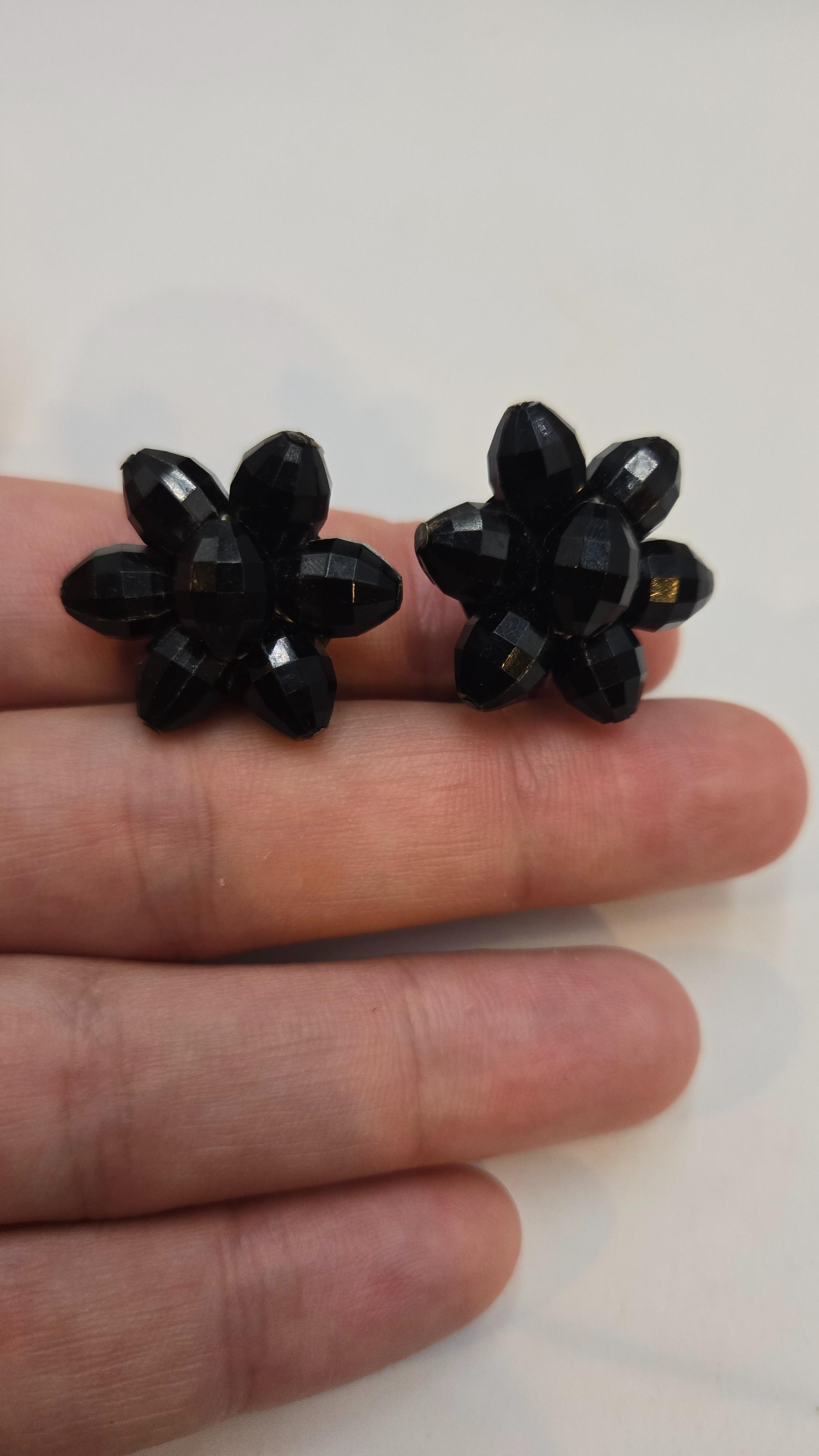 Vintage West Germany Black Acrylic Beaded Clip On Earrings Floral Flower
