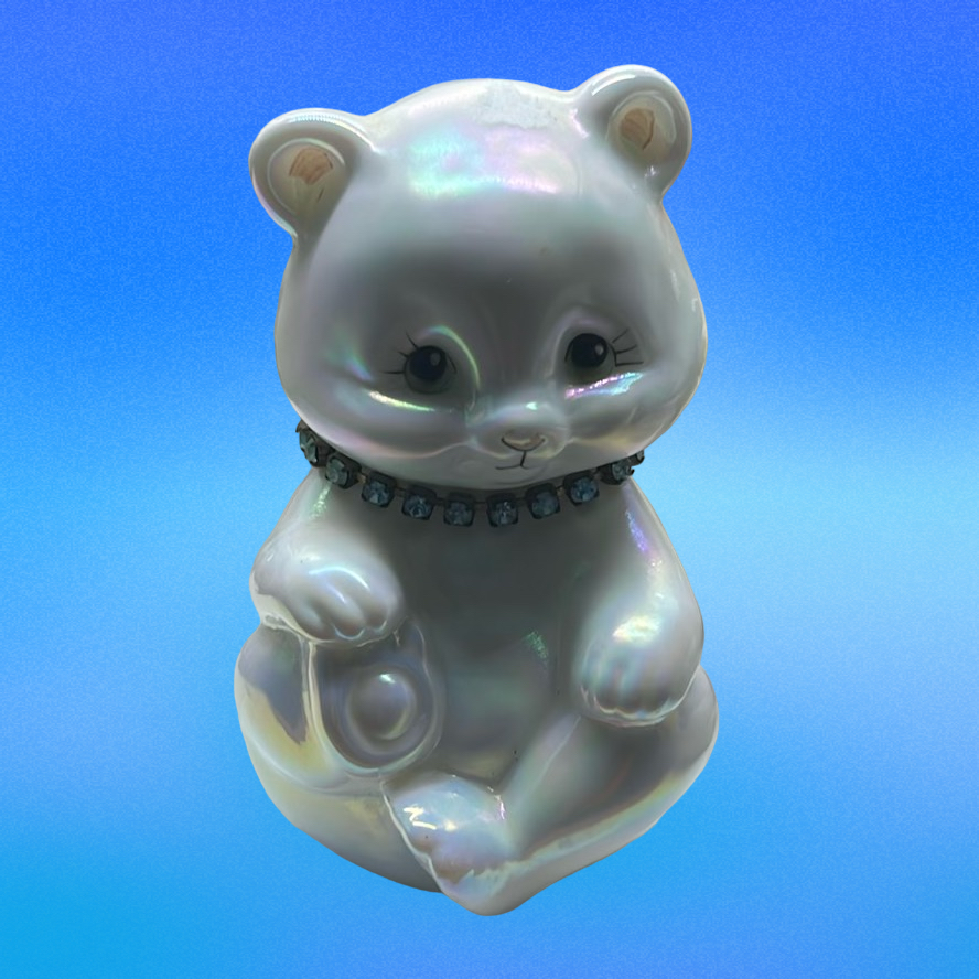 16g. Fenton Bear Figurine Art Glass Opalescent White Rhinestone Home ...