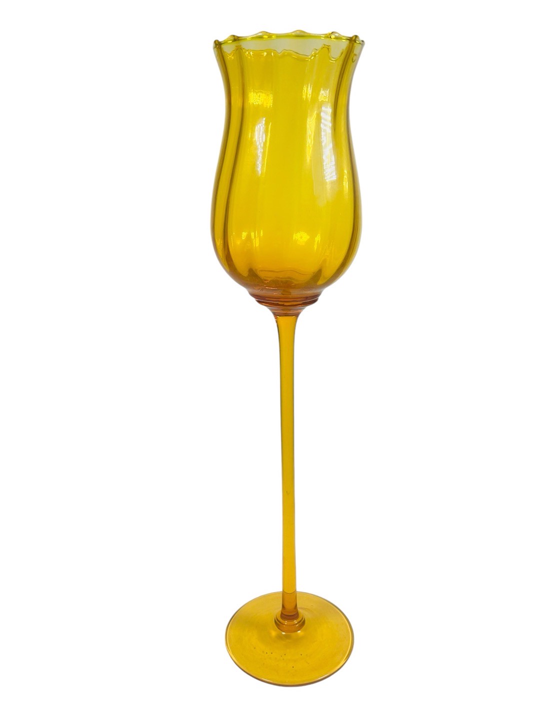 Vtg Empoli Amber Glass Vase Tulip Shaped Ribbed Optic Long Stemmed 18” MCM