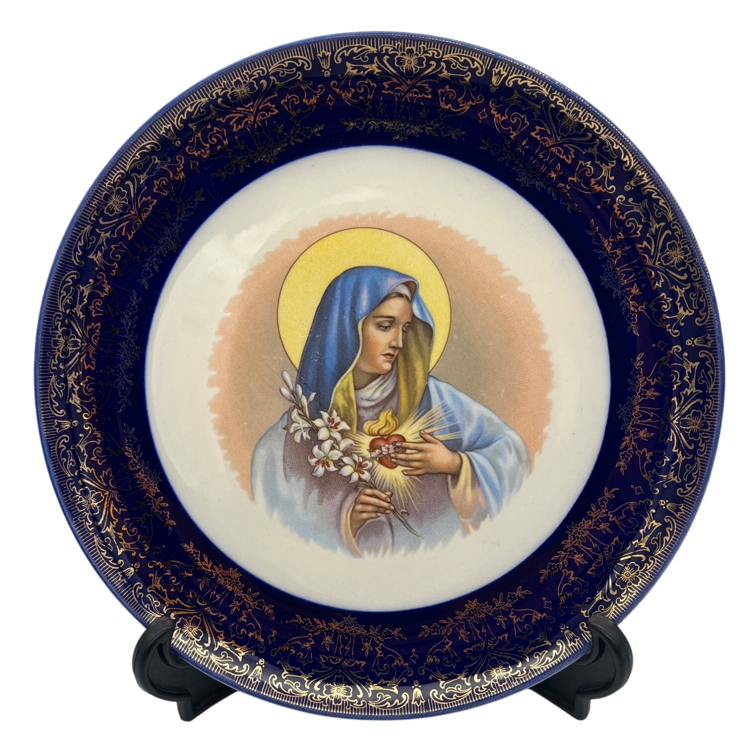 Vintage Sacred Heart of Mary Religious Collectible Plate 10" Cobalt ...